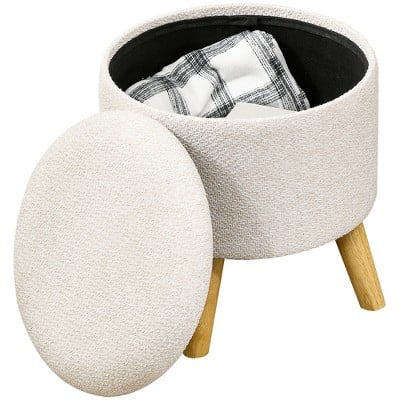 Storage Ottoman, Round Footstool with Linen Feel Fabric Upholstery ...