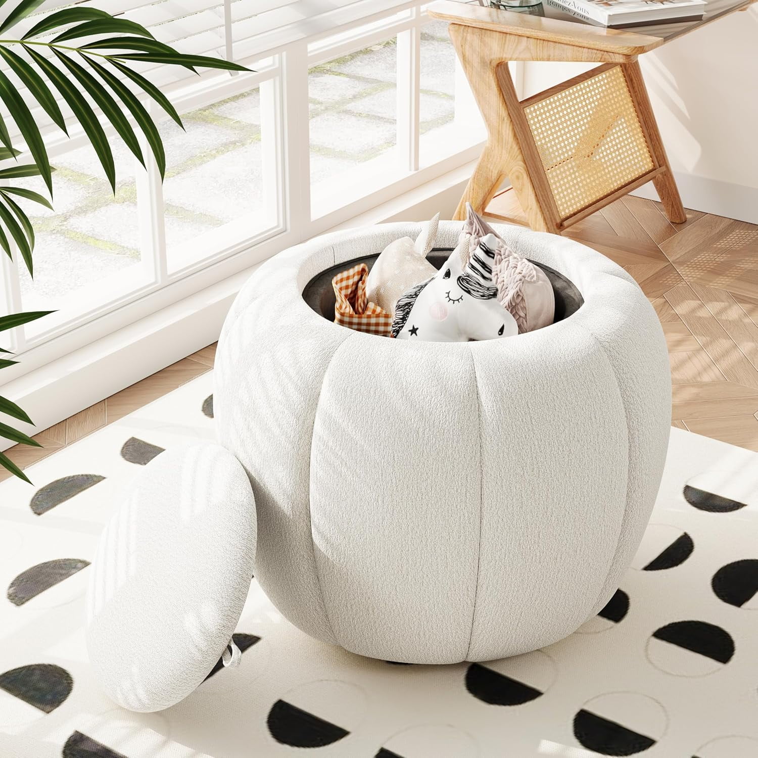 Storage Ottoman, Round Ottoman with Storage, Upholstered Soft Vanity ...