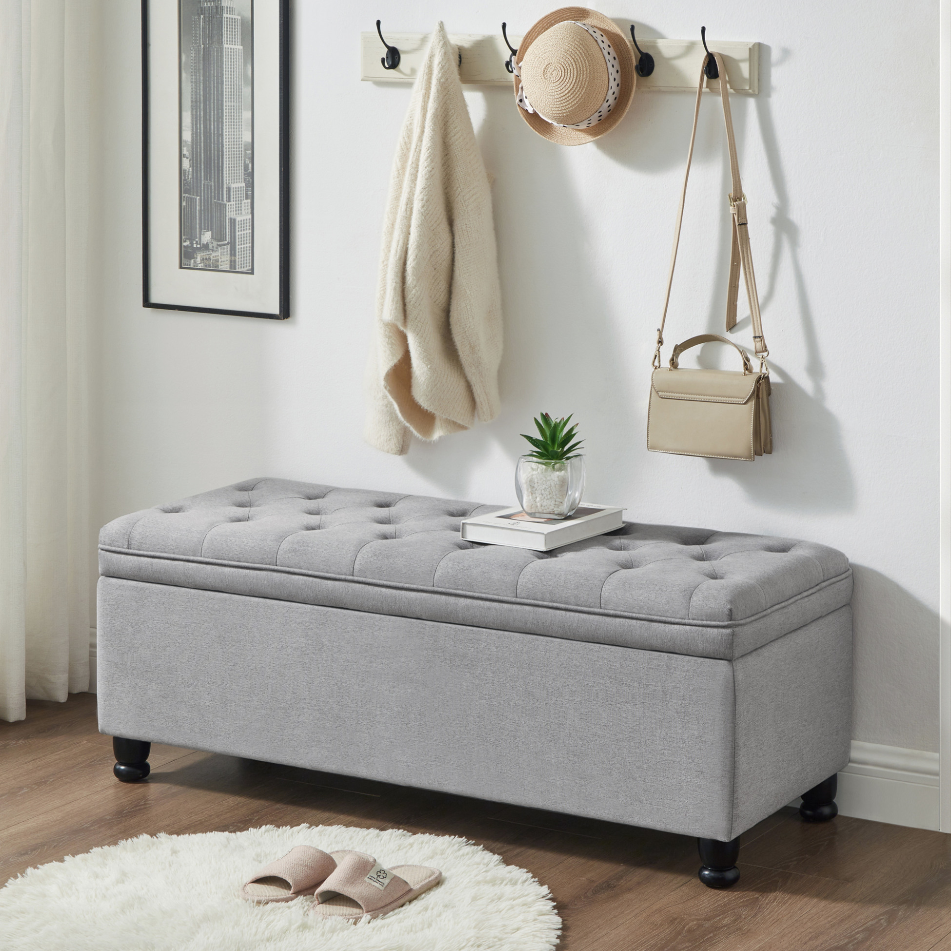 Storage Ottoman with Tufted Buttons, Upholstered Linen Fabric End of ...