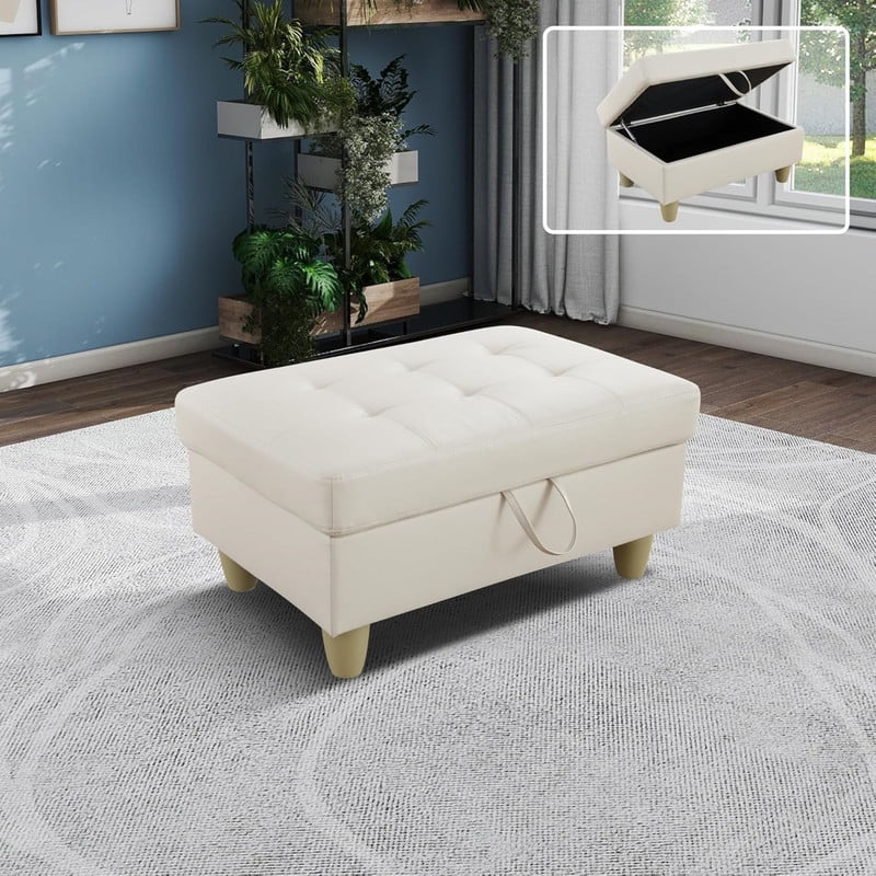 Storage Ottoman Upholstered Faux Leather Rectangle Ottoman with Storage ...