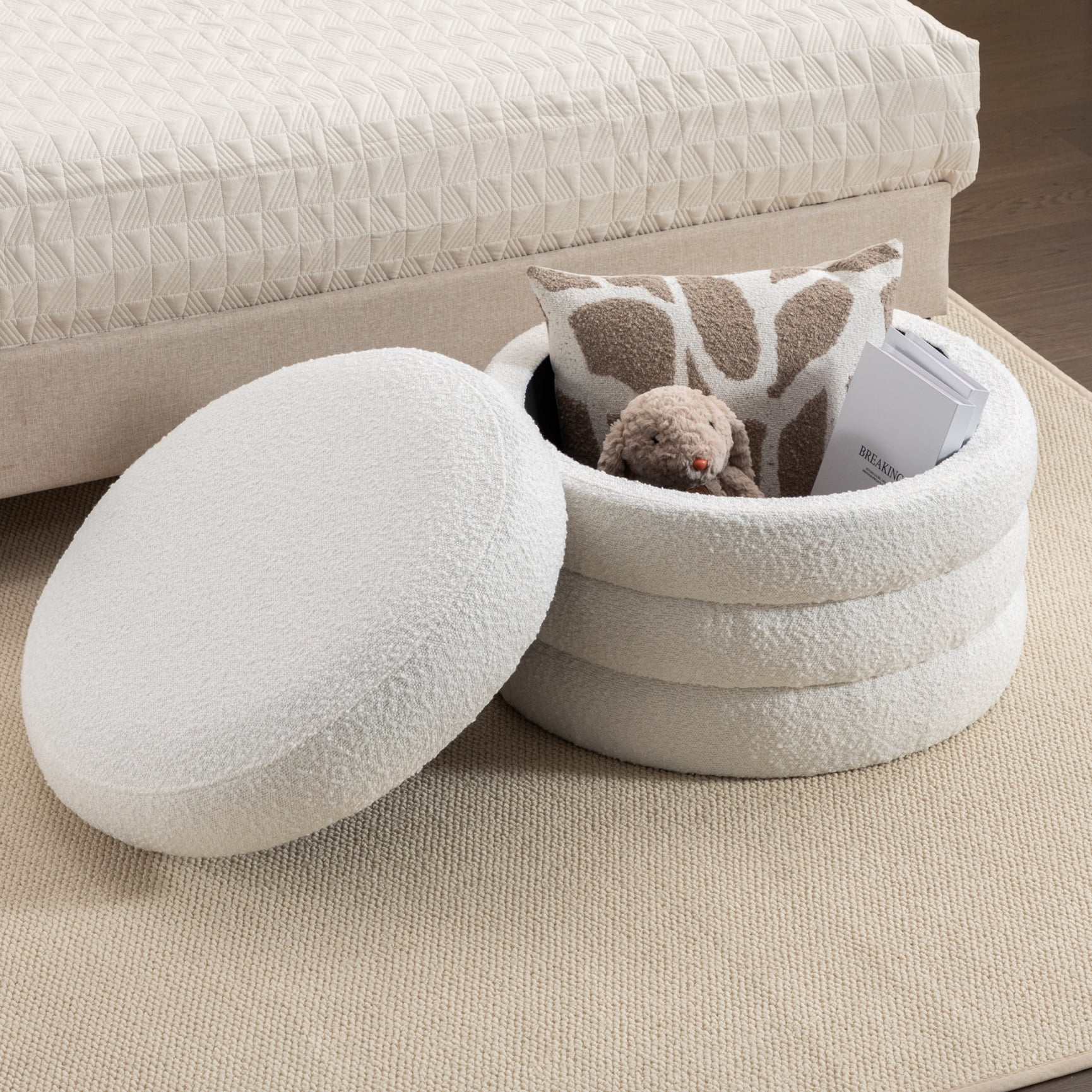 Storage Ottoman, Upholstered Round Ottoman with Storage, Small Ottoman ...