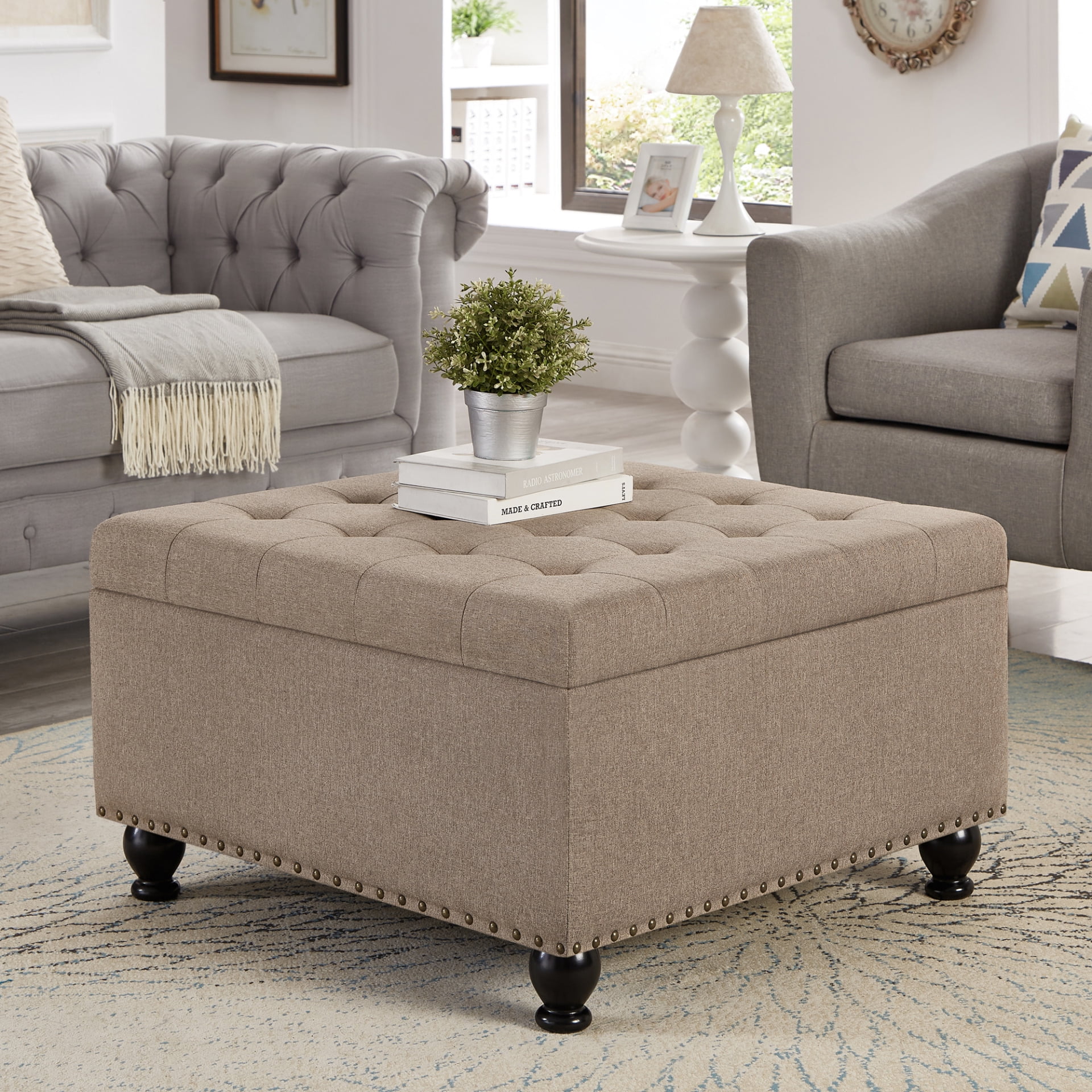 Storage Ottoman With Wooden Legs, Upholstered Button Tufted Coffee ...