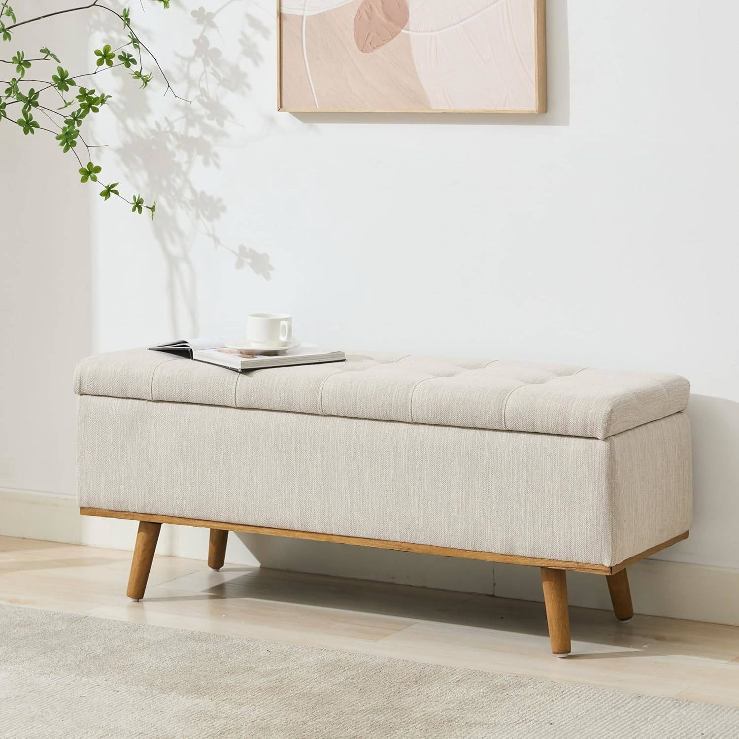 Storage Ottoman for Bedroom or Living Room, 45" Linen-Style Upholstered ...