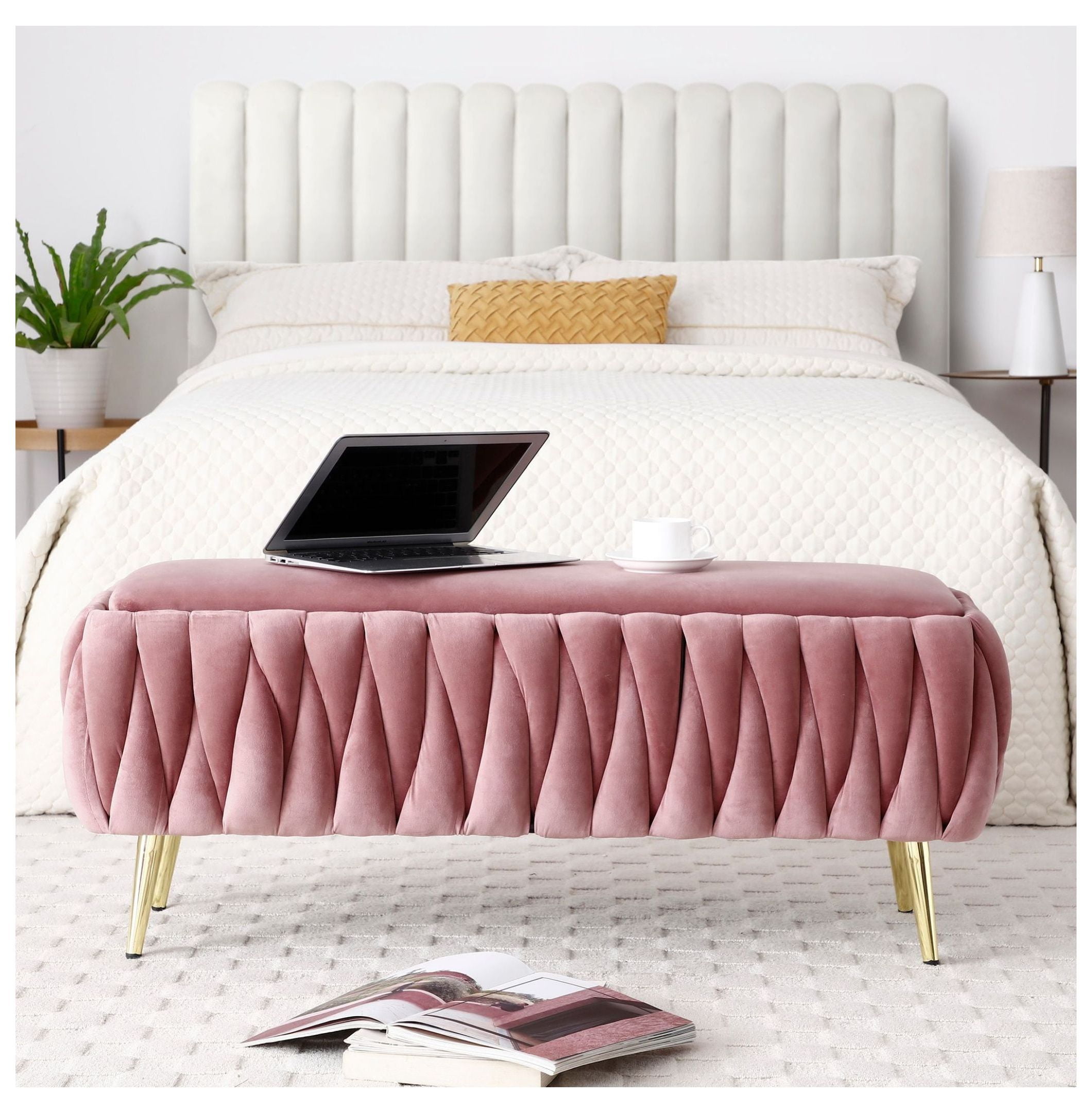 Storage Ottoman with Legs, Fabric Upholstered Bench, Woven Ottoman for ...