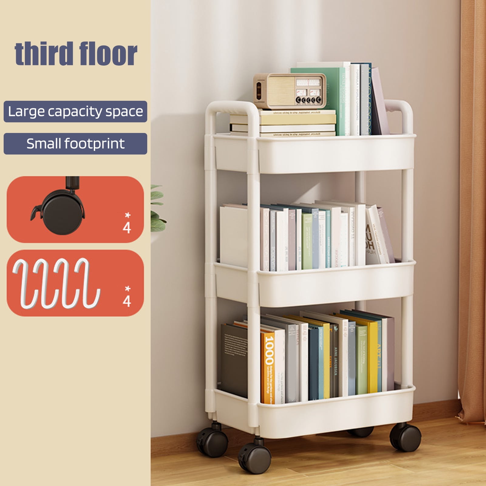 Storage Rack 4-Tier Rolling Cart with Wheels Sturdy Construction Large ...