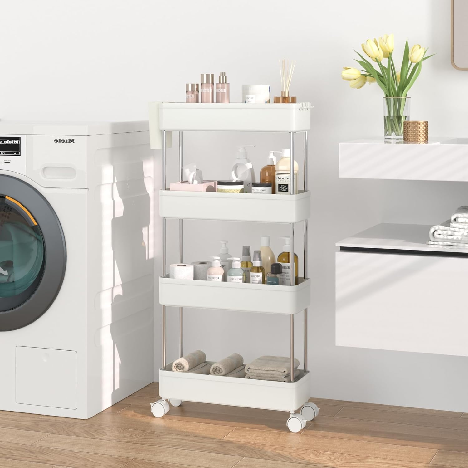Storage Rolling Cart, 4 Tier Utility Cart Kitchen Slim Mobile Storage ...