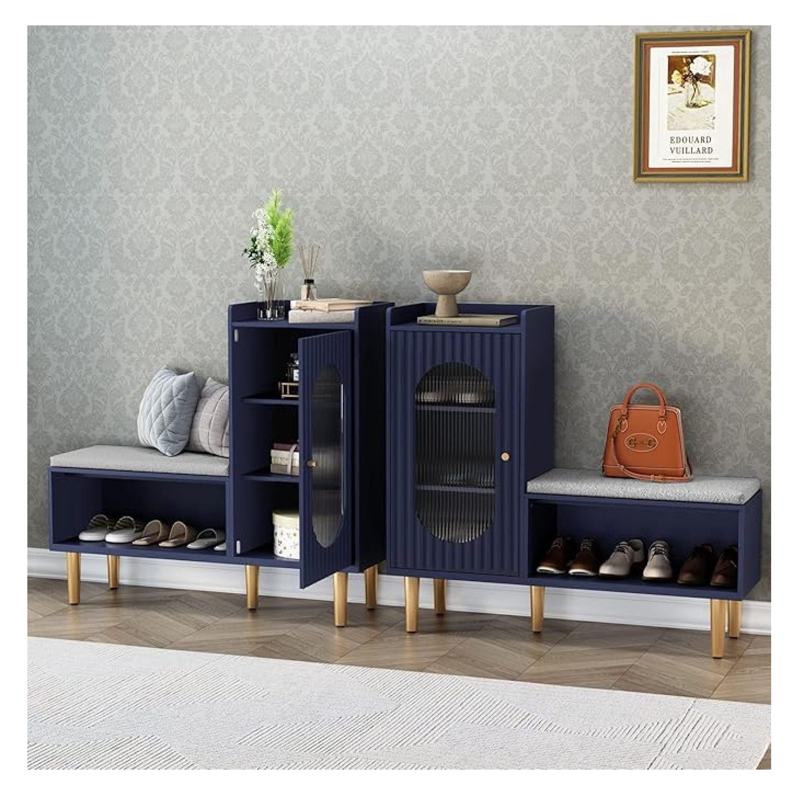 Storage Set of 2, Blue Modern Entryway Shoe Cabinet with Glass Door ...