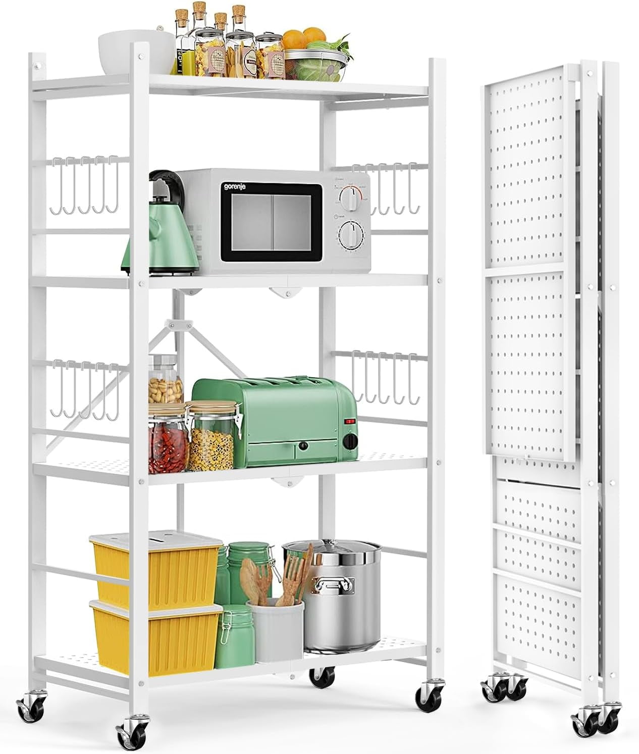 Storage Shelves with 20 Hooks, 4-Tier Foldable Shelves for Storage ...