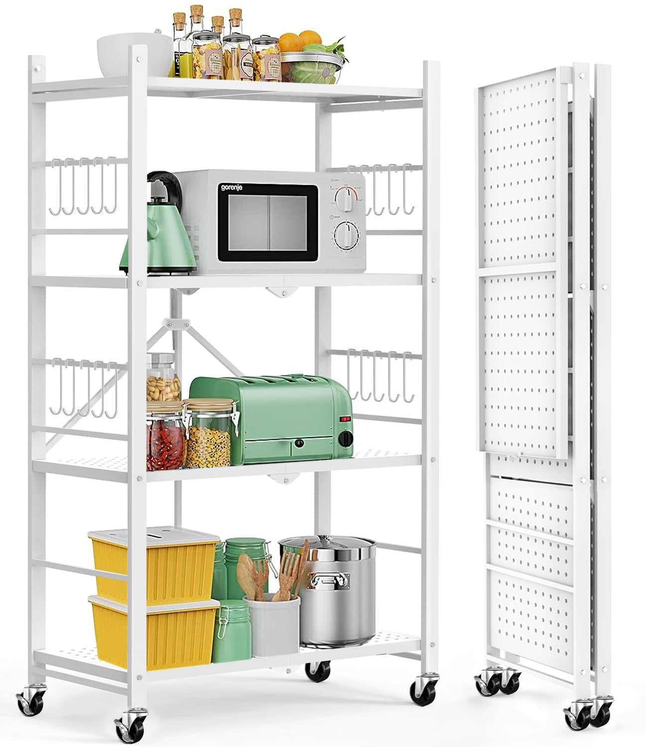 Storage Shelves with 20 Hooks, 4-Tier Foldable Shelves for Storage ...