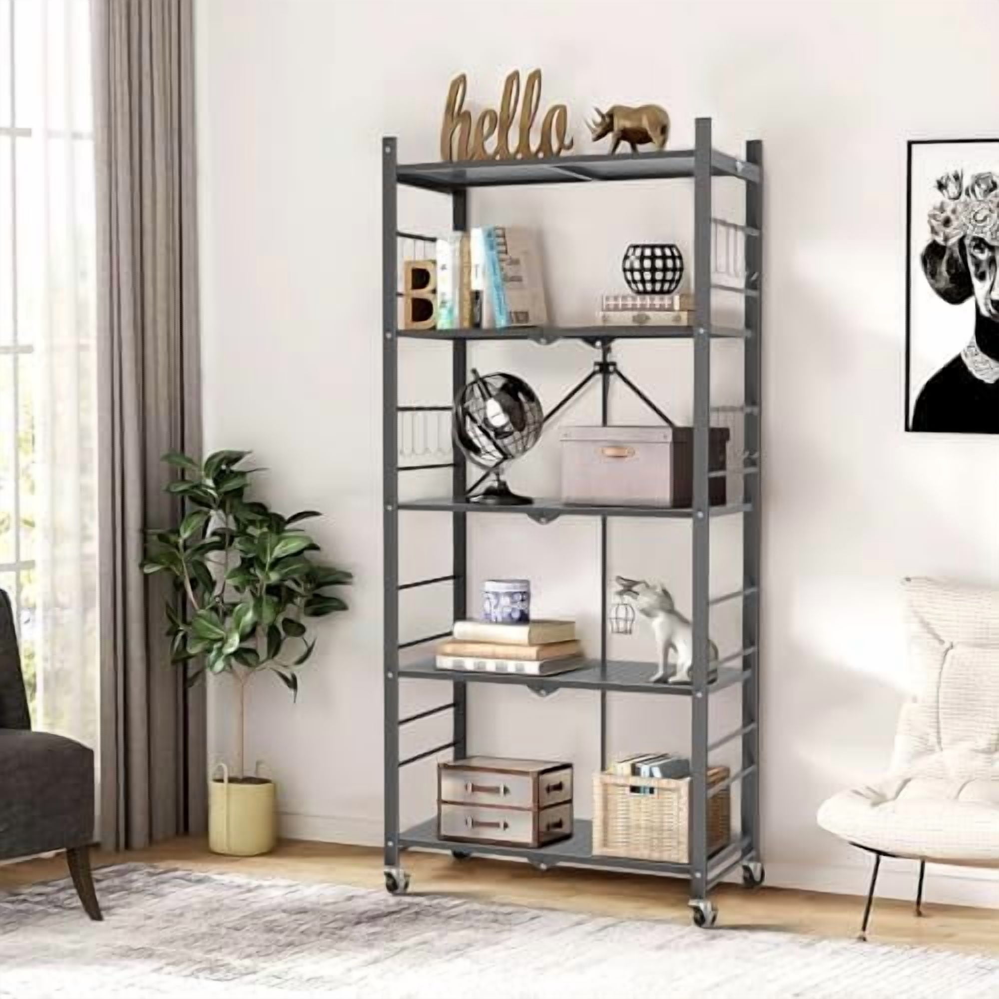 Storage Shelves with 20 Hooks, 5-Tier Foldable Shelves for Storage ...