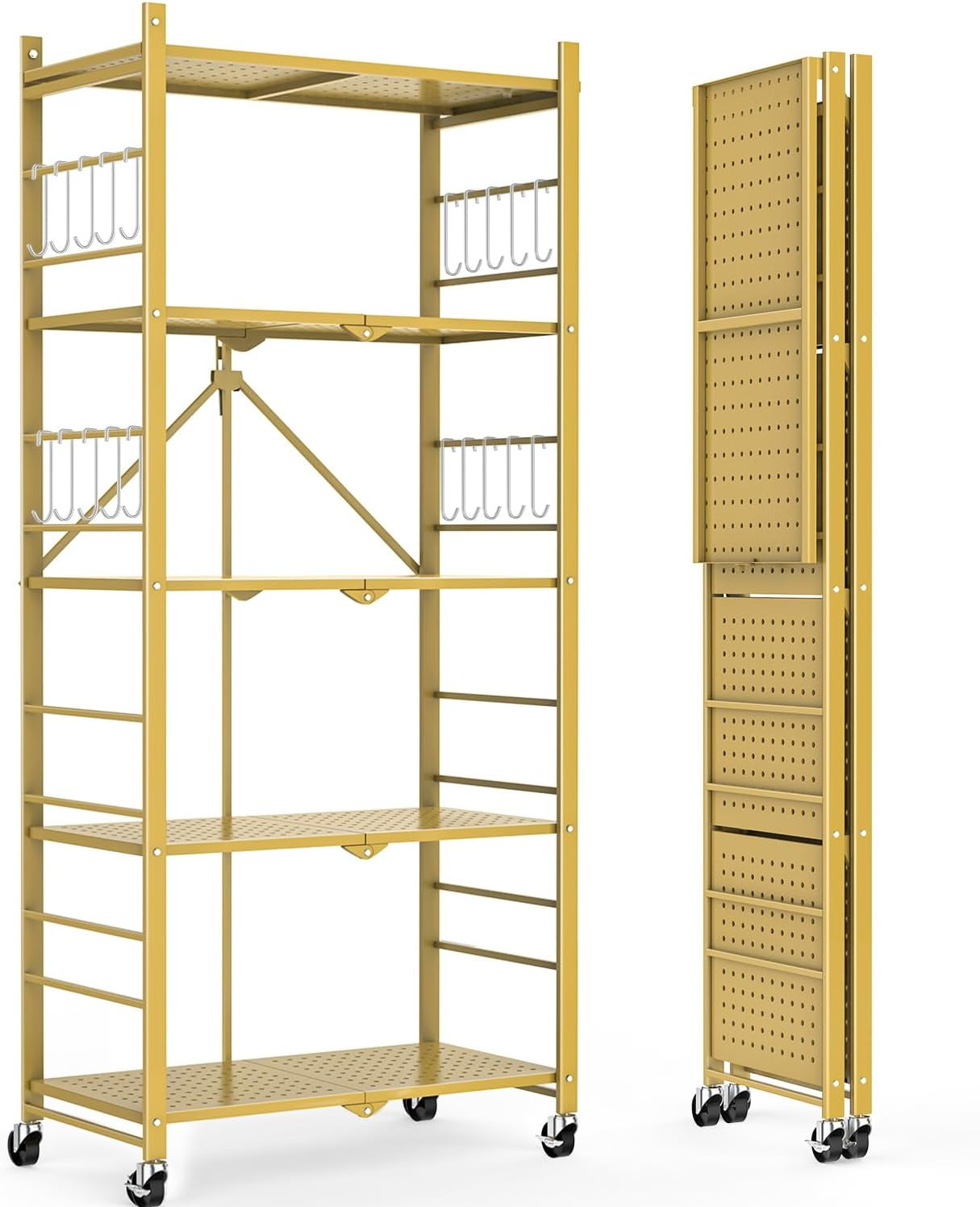 Storage Shelves with 20 Hooks, 5-Tier Foldable Shelves for Storage ...
