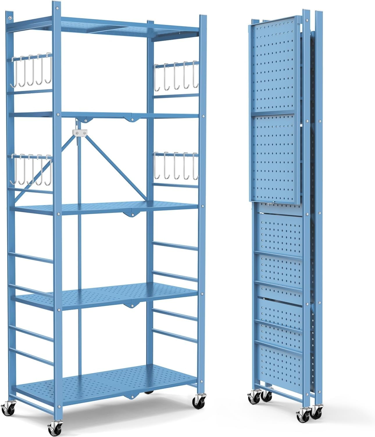 Storage Shelves with 20 Hooks, 5-Tier Foldable Shelves for Storage ...