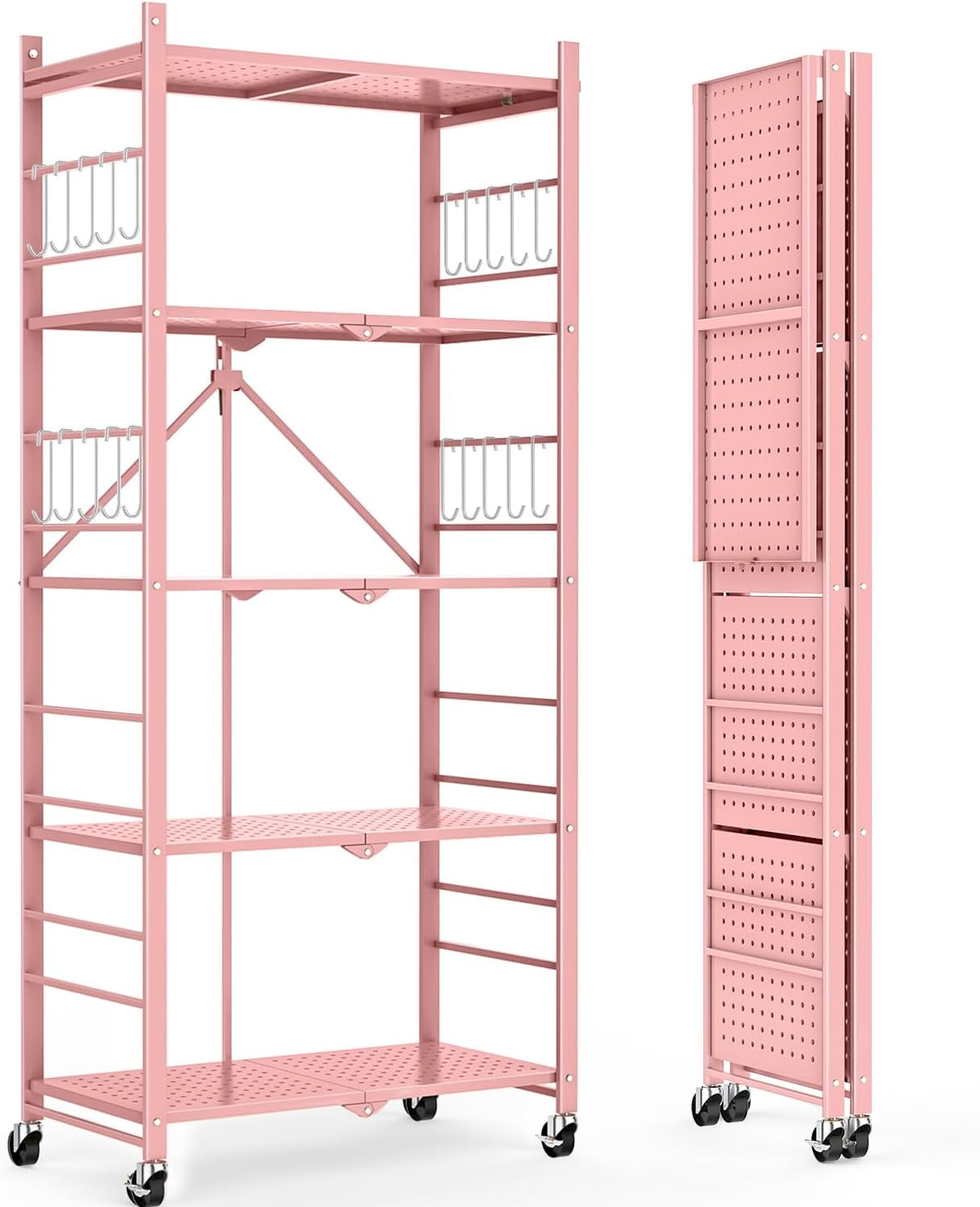 Storage Shelves with 20 Hooks, 5-Tier Foldable Shelves for Storage ...