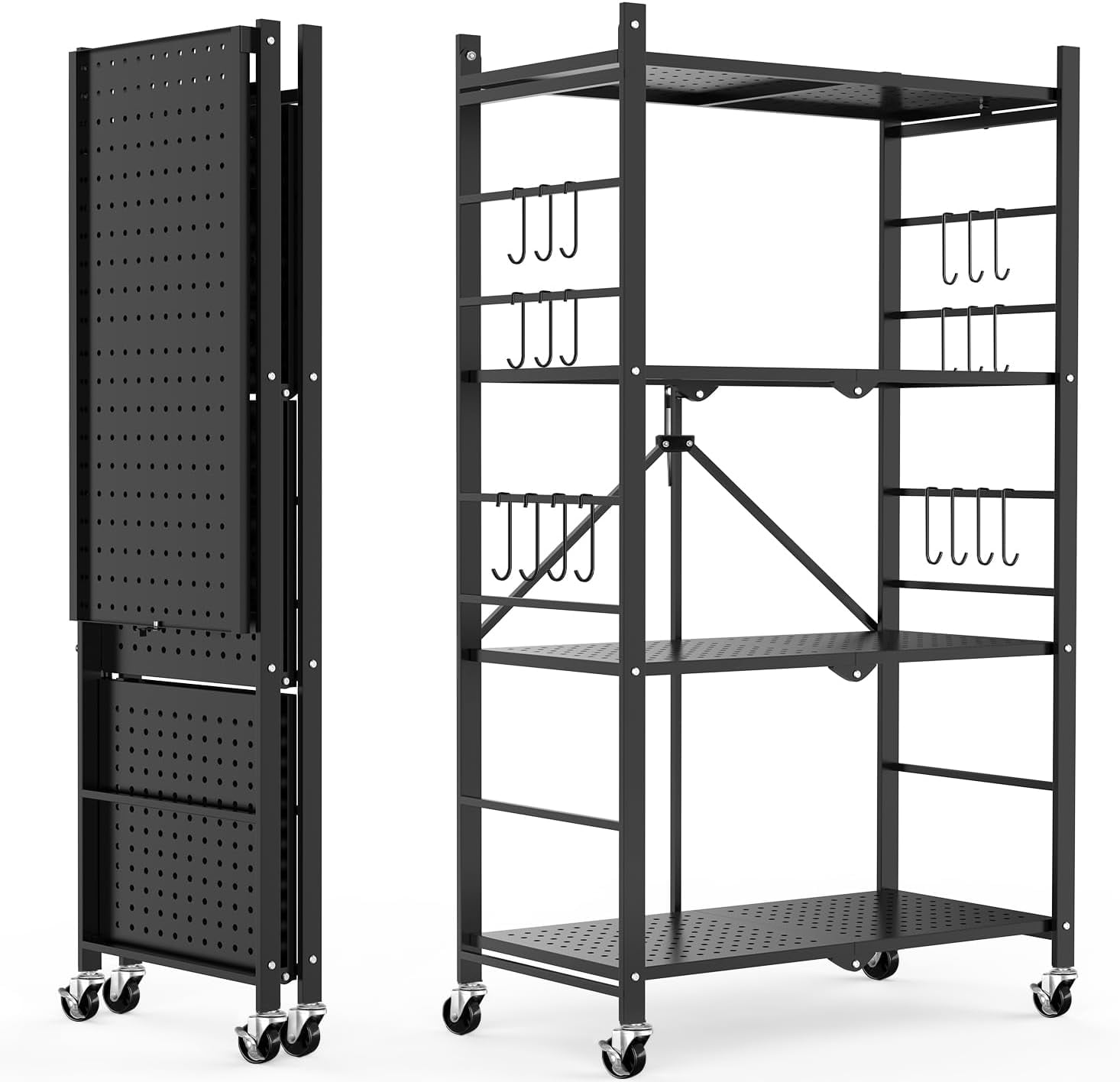 Storage Shelves with 6 Hooks, 3 Tier Foldable Shelf with Wheels, Metal ...