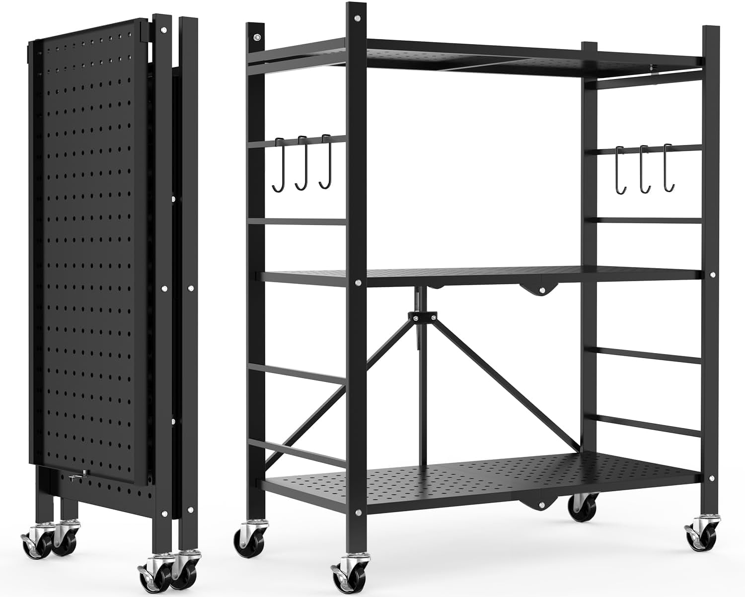 Storage Shelves with 6 Hooks, 3 Tier Foldable Shelf with Wheels, Metal ...