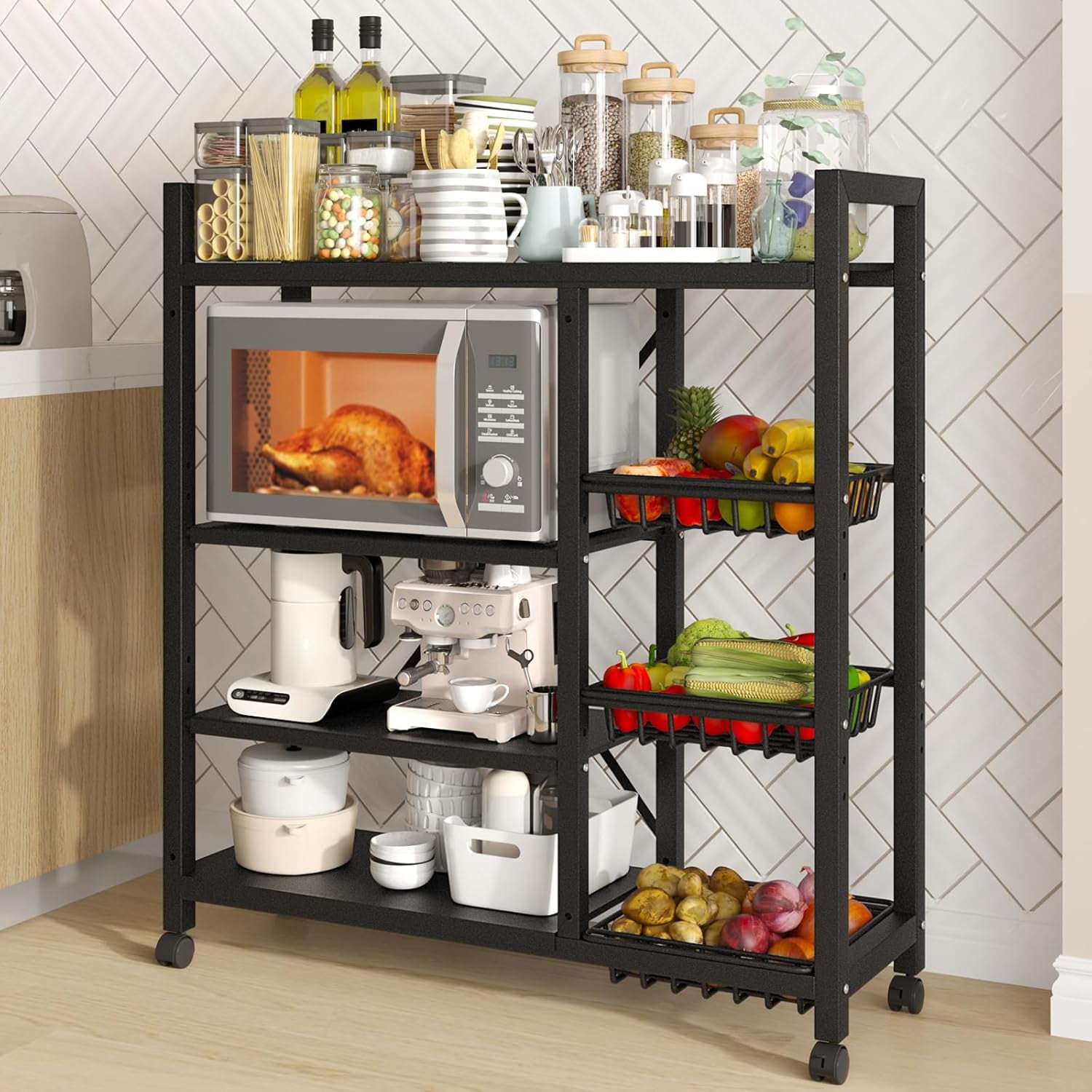 Storage Shelves, Adjustable 4-Tier Kitchen Shelves with 3 Wire Baskets ...