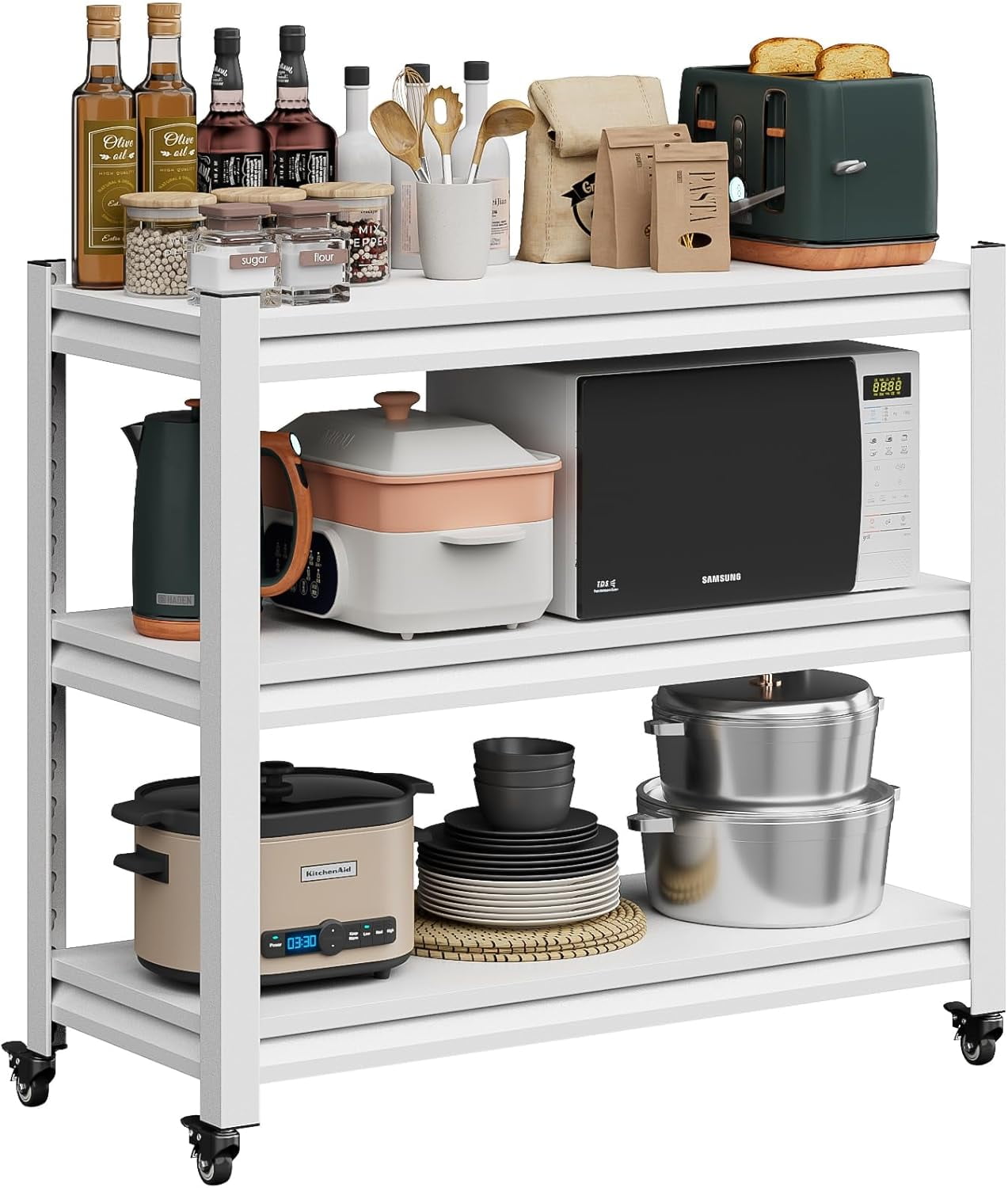 Storage Shelves, Bakers Rack with Wheels, 3-Tier Metal Shelving Unit ...