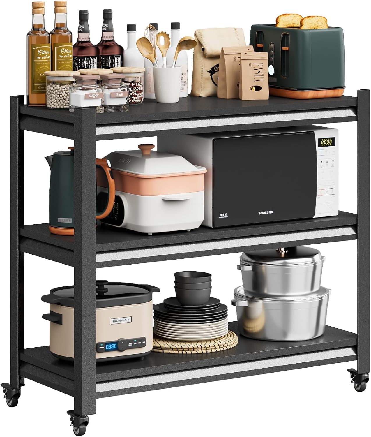 Bakers Rack with Wheels,Storage Shelves,3-Tier Metal Shelving Unit with ...