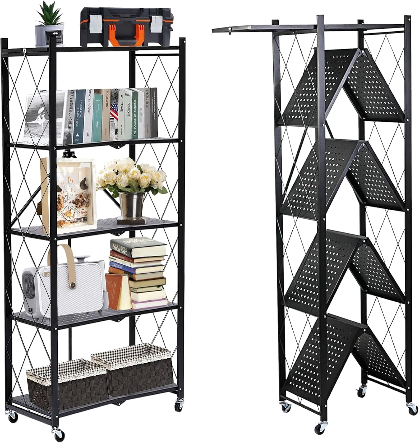 Storage Shelves with Wheels, 5 Tier Metal Collapsible Shelving Unit ...