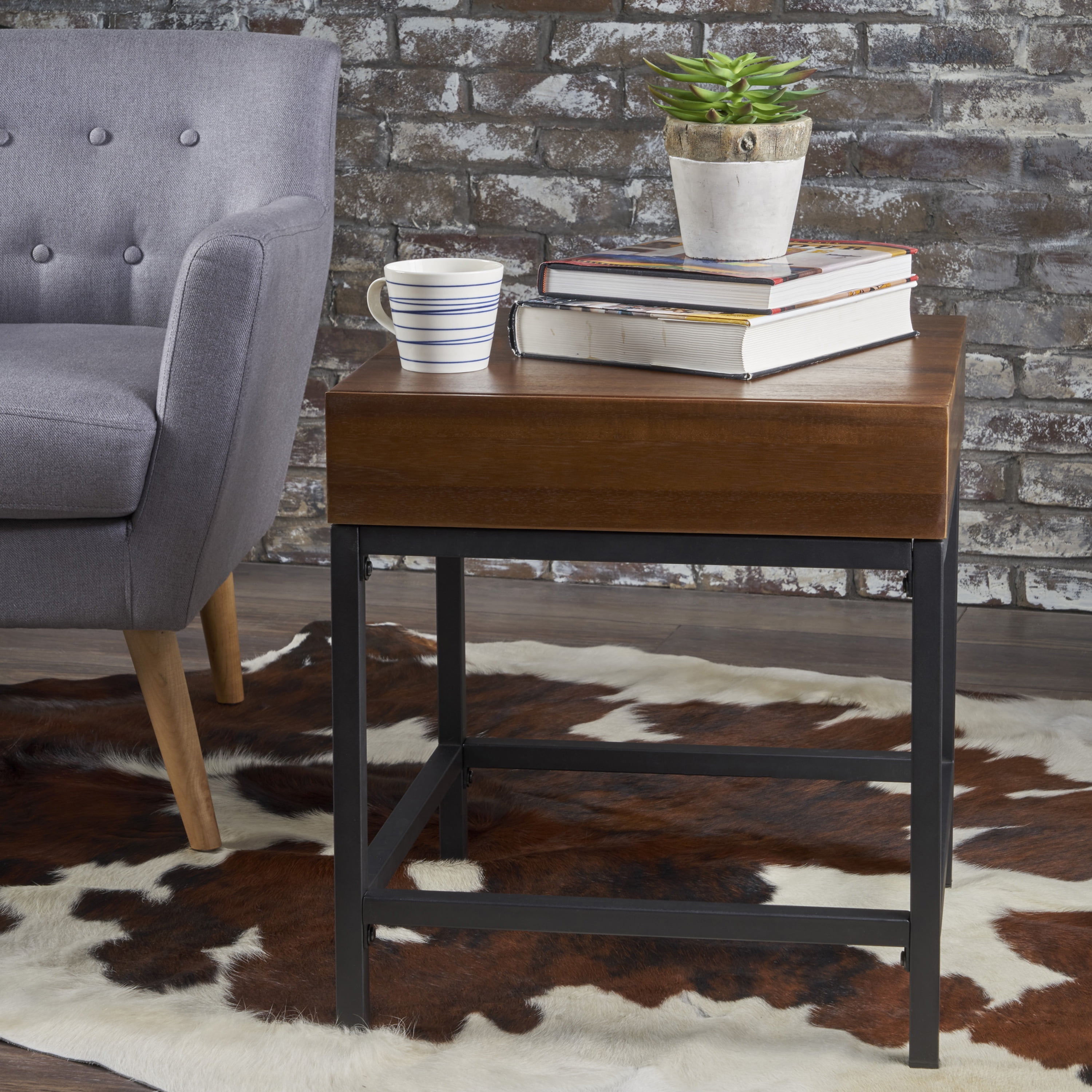 Storage Side Table,Dark Oak Metal & Wood Furniture Primary Living Space Tables - Walmart.com