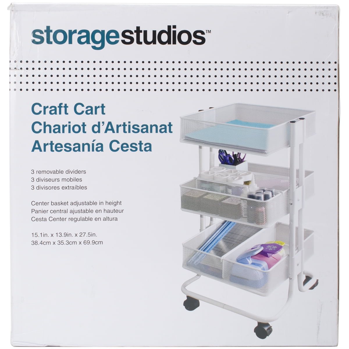 Storage Studios Rolling Craft Cart W/3 Bins 27.5"X15.1"X13.9" White ...