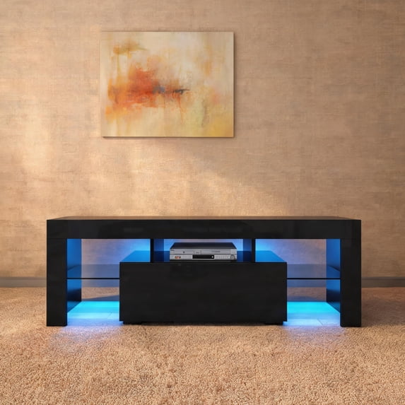 Storage TV Stand with RGB LED Lights, Sleek Black MDF, 51.2 Inches Wide ...