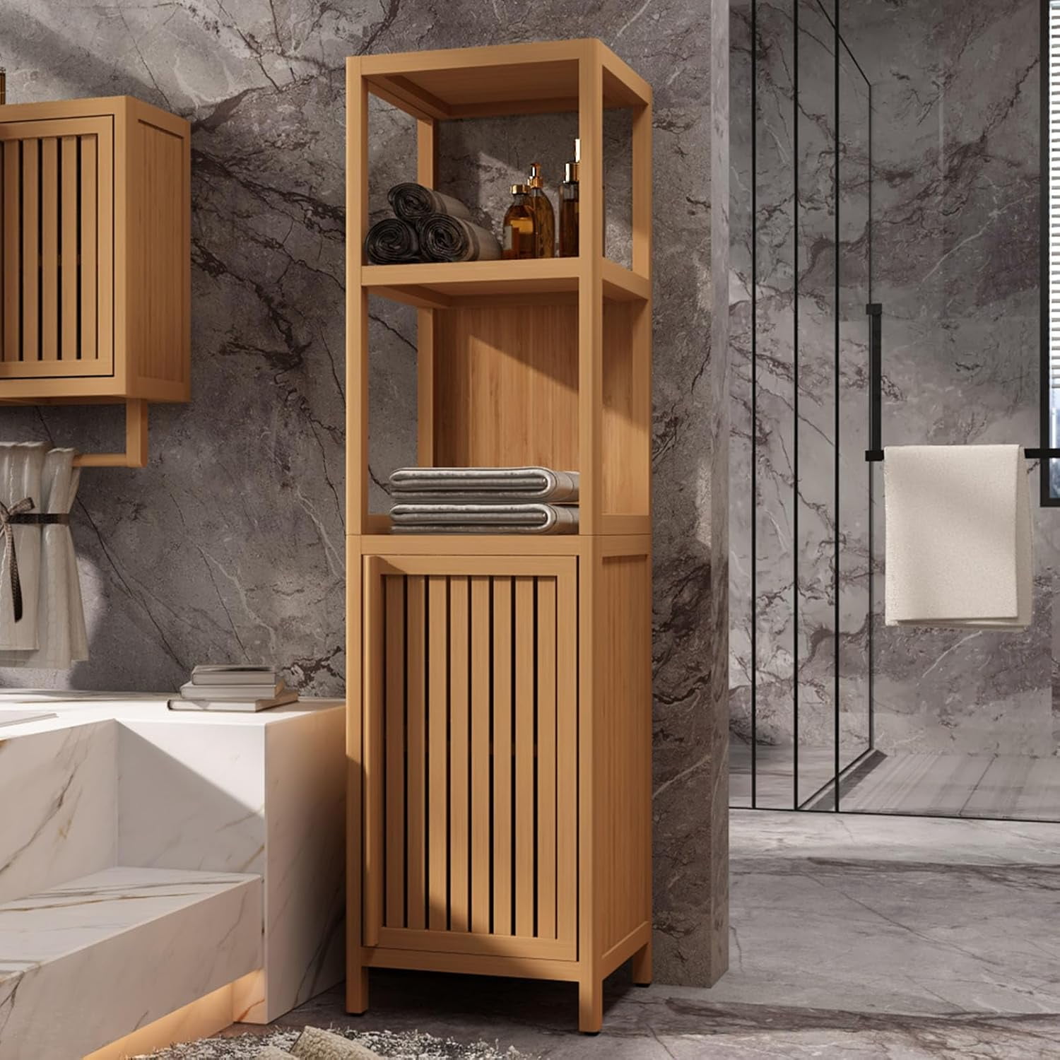 Storage Tall Slim Cabinet with Shutter Door and 3 Tier Shelves ...