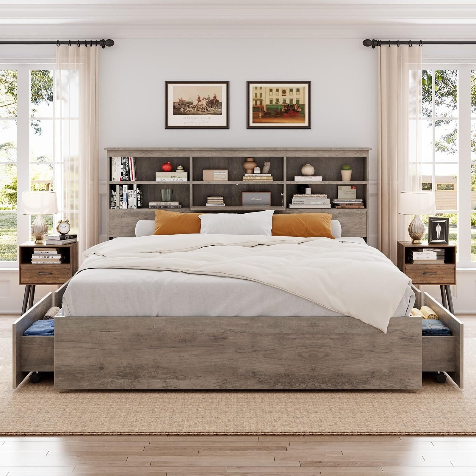Storage Wooden Bed Frame Queen Size with Bookcase Headboard and 4 Large ...