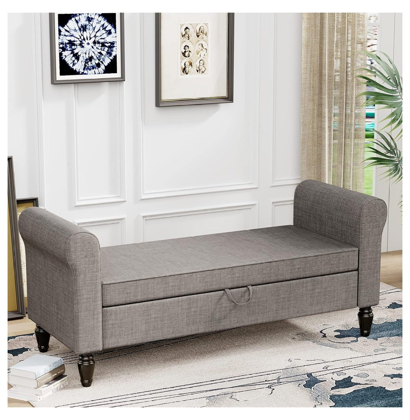 Storage with Arms Linen Upholstered Storage Bed for Bedroom Living Room ...