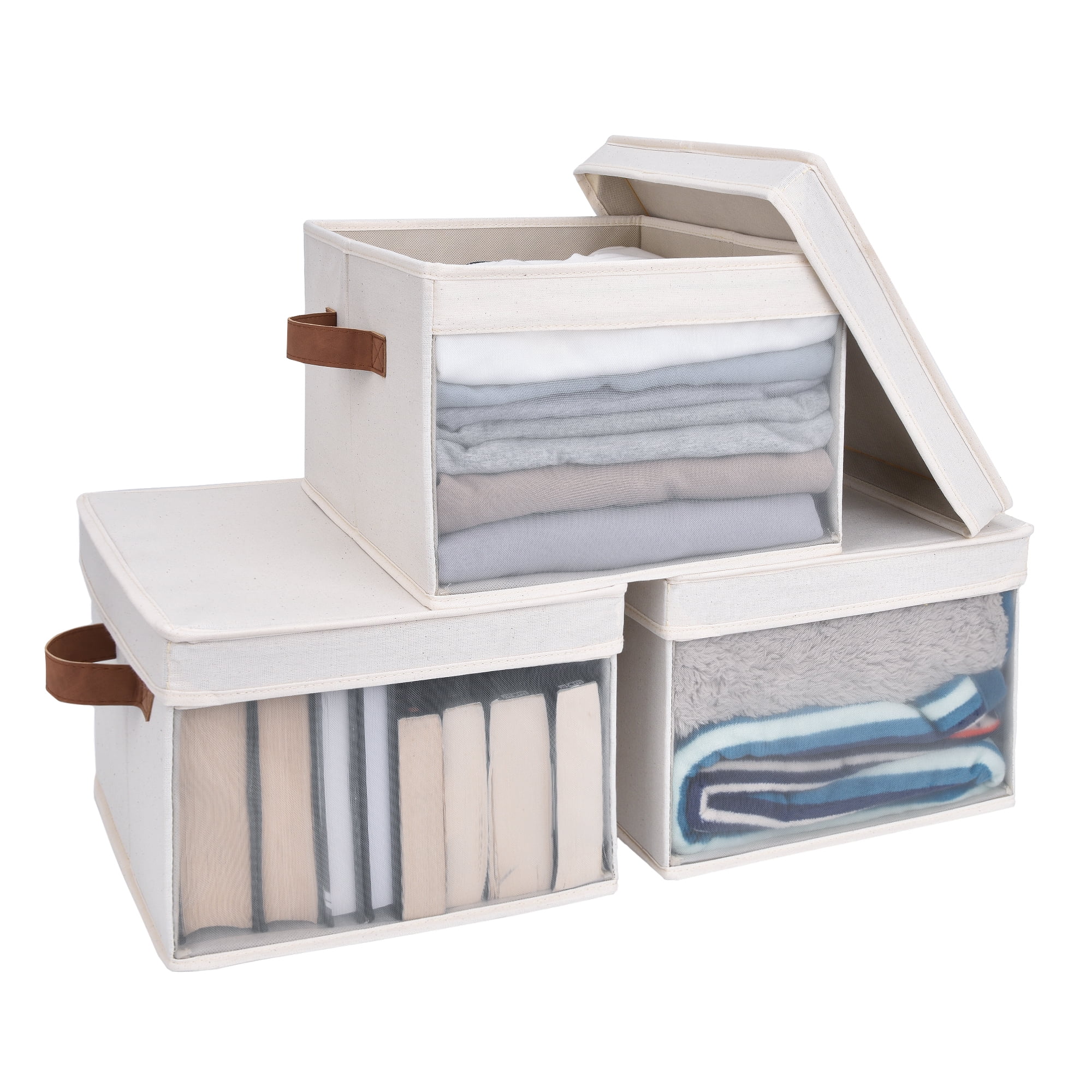 StorageWorks Foldable Fabric Storage Bins with Lids and Handles, White ...