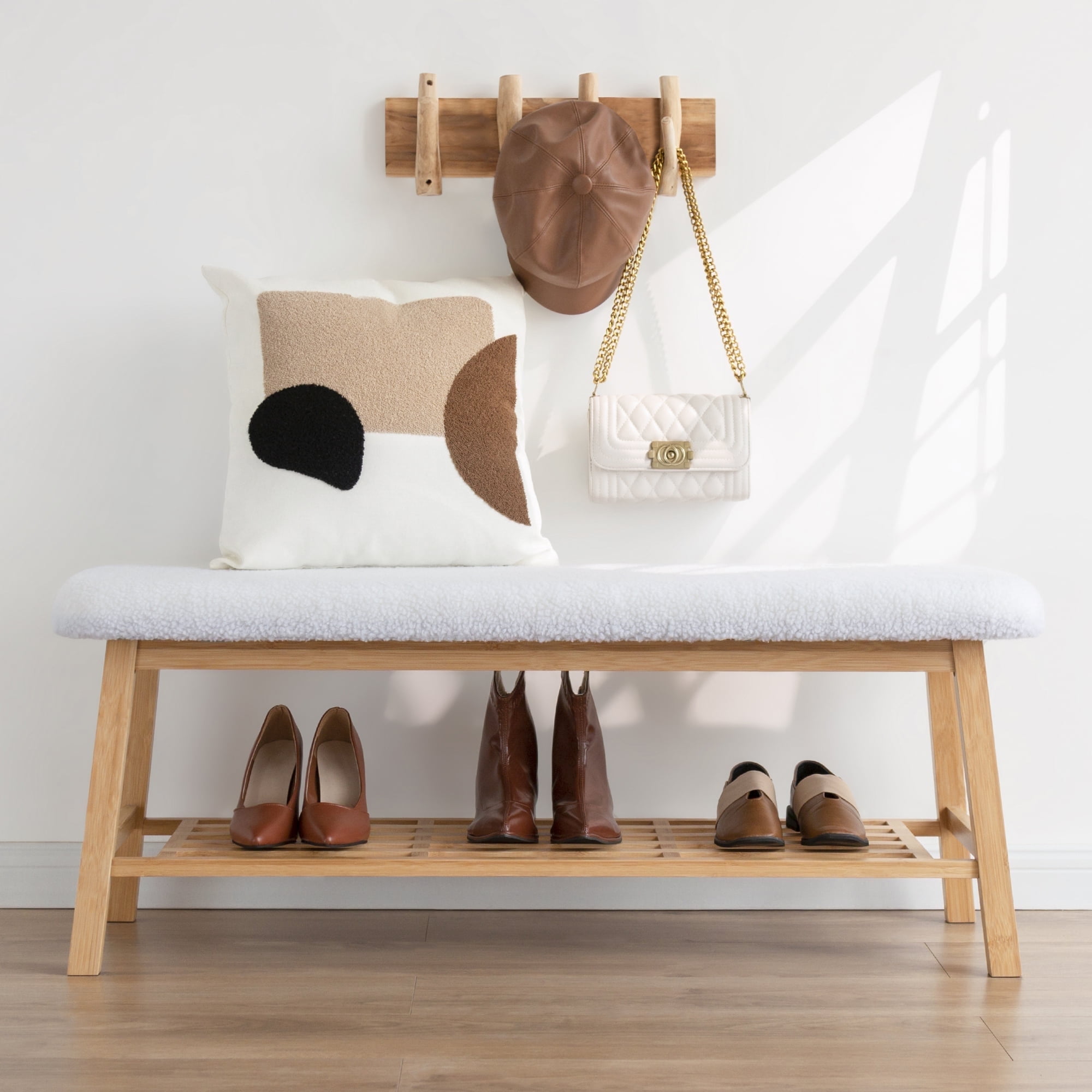 StorageWorks Cushioned White Entry Ottoman Bench with Shoe Storage ...