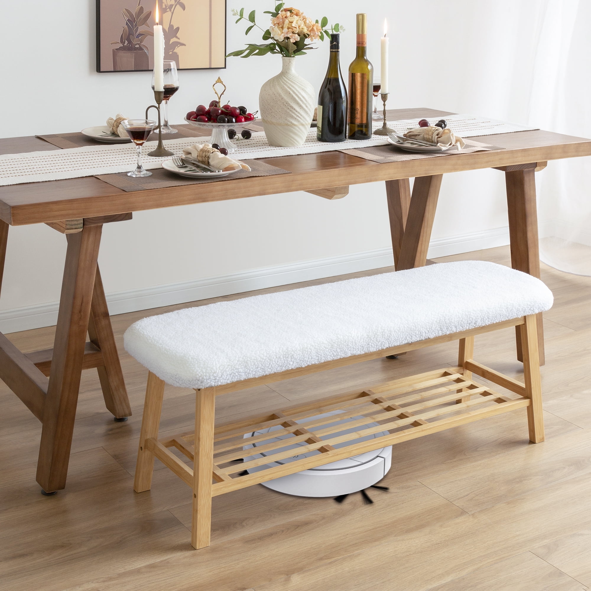 StorageWorks Cushioned White Entry Ottoman Bench with Shoe Storage ...