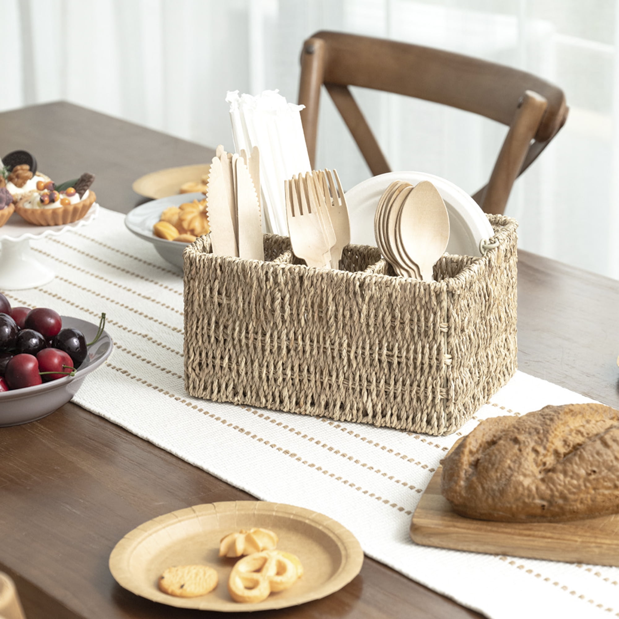 StorageWorks Hand-Woven Wicker Cutlery Holder with Handle, Flatware ...