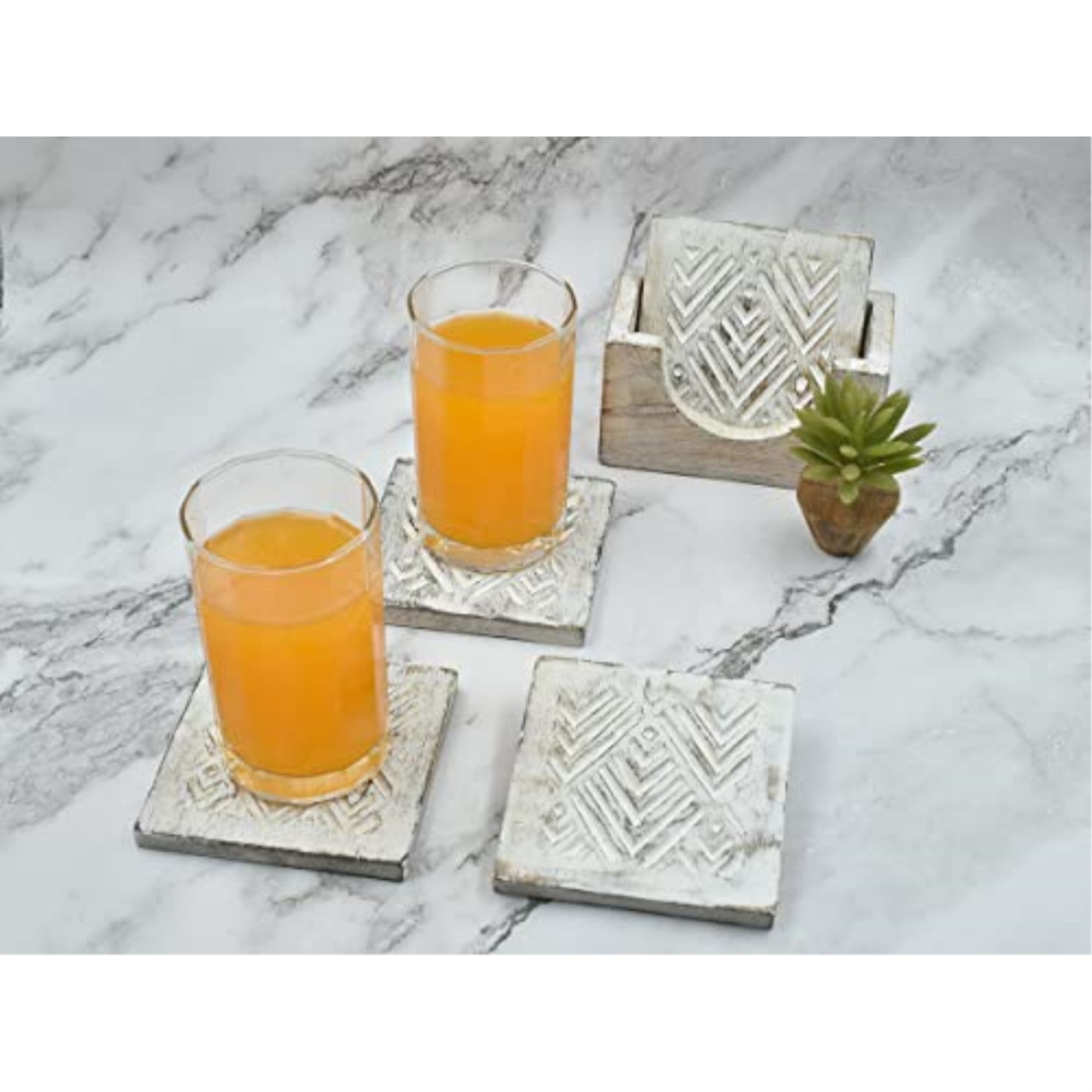 Store Indya Set of 4 Wooden Square Coasters with Holder for Tea Coffee ...