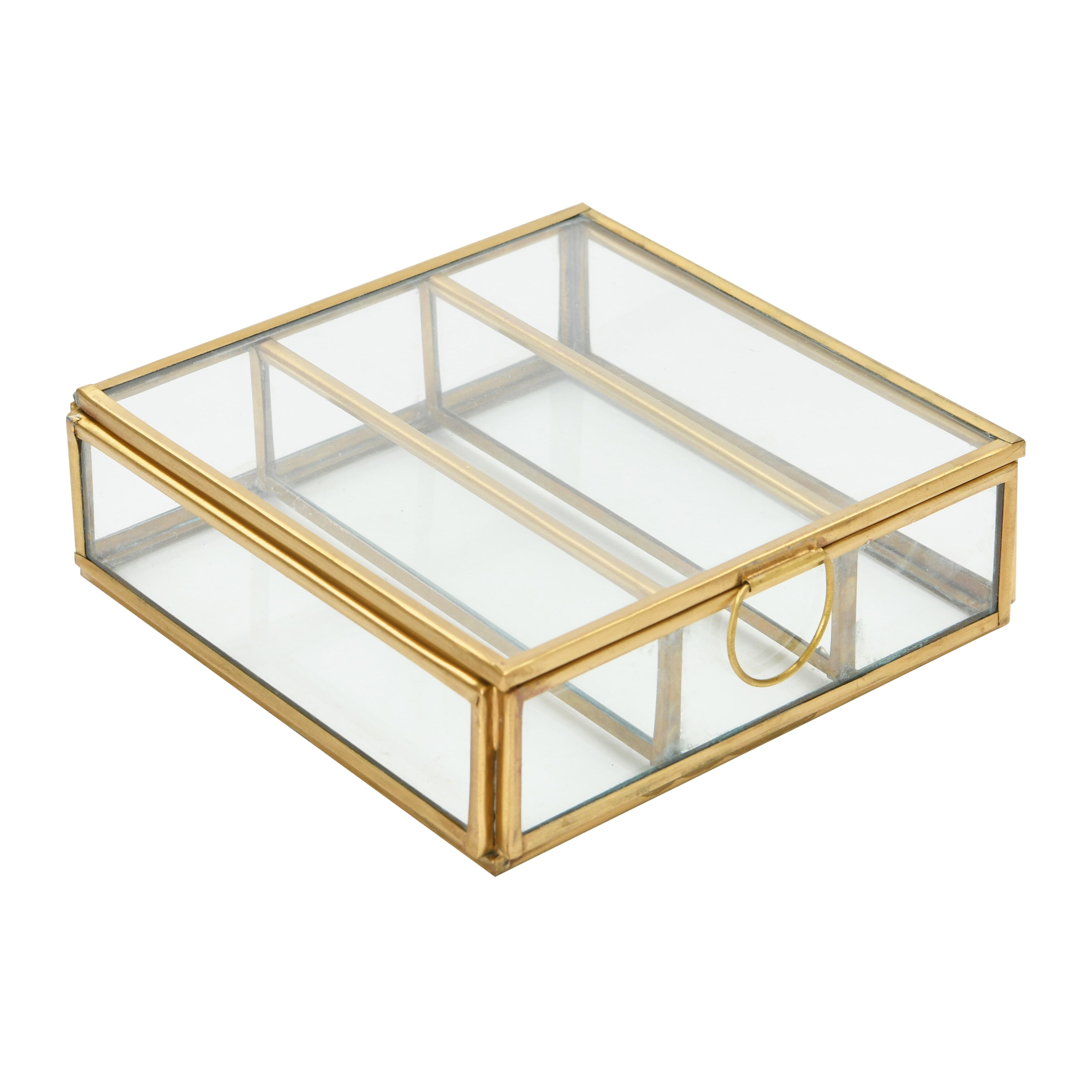 Storied Home Metal and Glass Box with 3 Compartments, Brass Finish ...