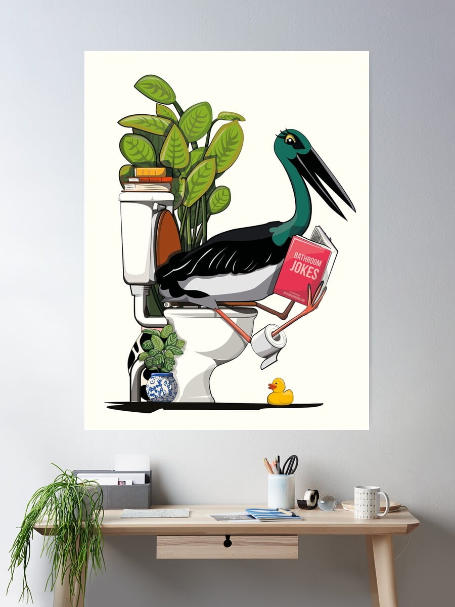 Stork On The Toilet, Funny Animal Bathroom Art Poster Wall Art, Modern ...