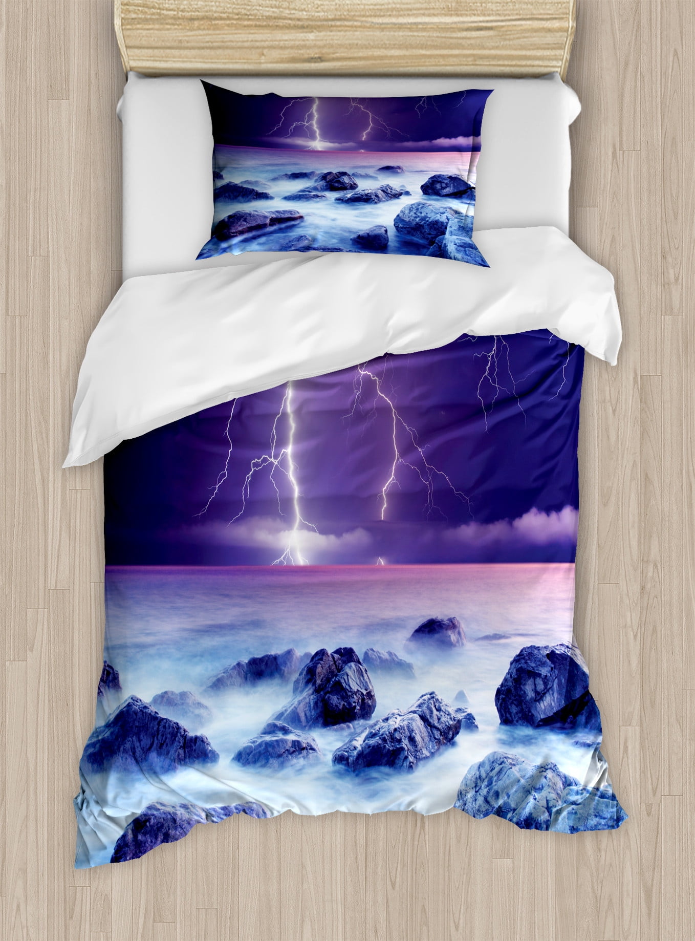 Storm Duvet Cover Set, Stormy Sky Scary Ocean Rocks Night View Theme ...