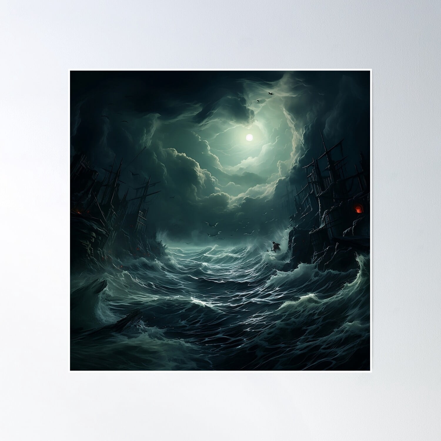 Stormy Ocean On A Full Moon Night Poster Wall Art, Modern Wall Decor ...