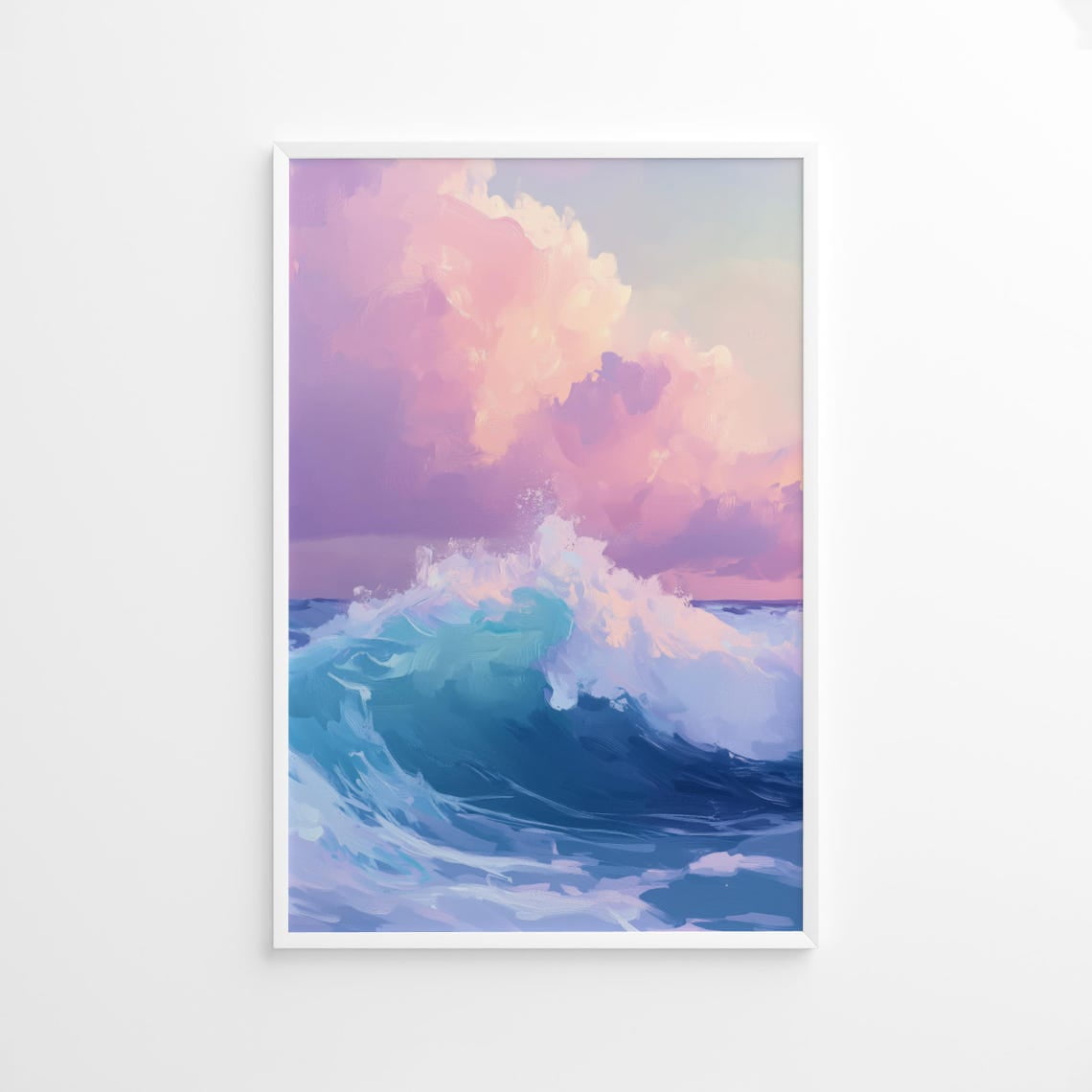 Stormy Ocean Waves Seascape Poster, Pink Sunset Wall Art, Coastal ...