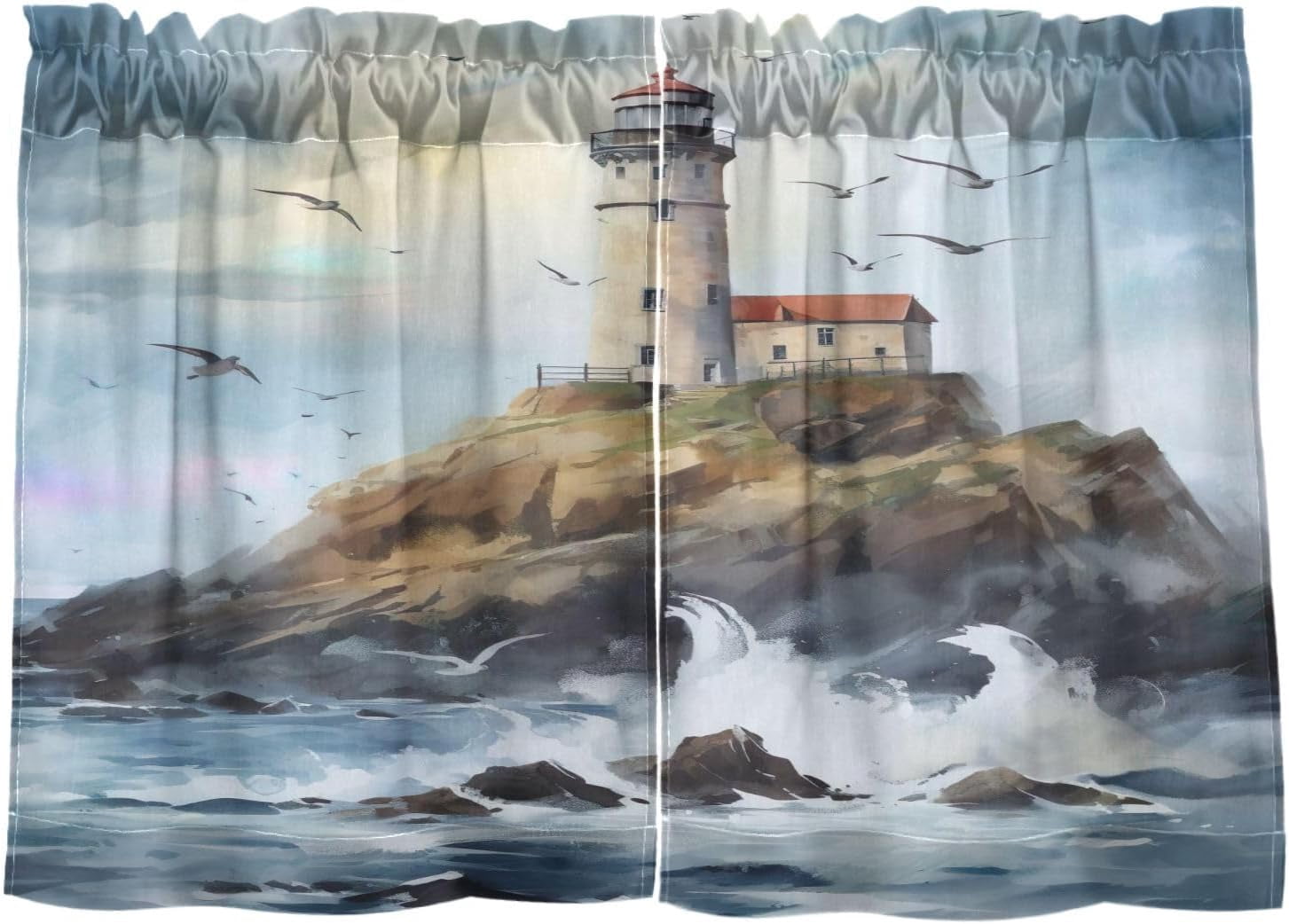 Stormy Seagull Lighthouse Kitchen Curtains 24 inch Short Tier Curtains ...