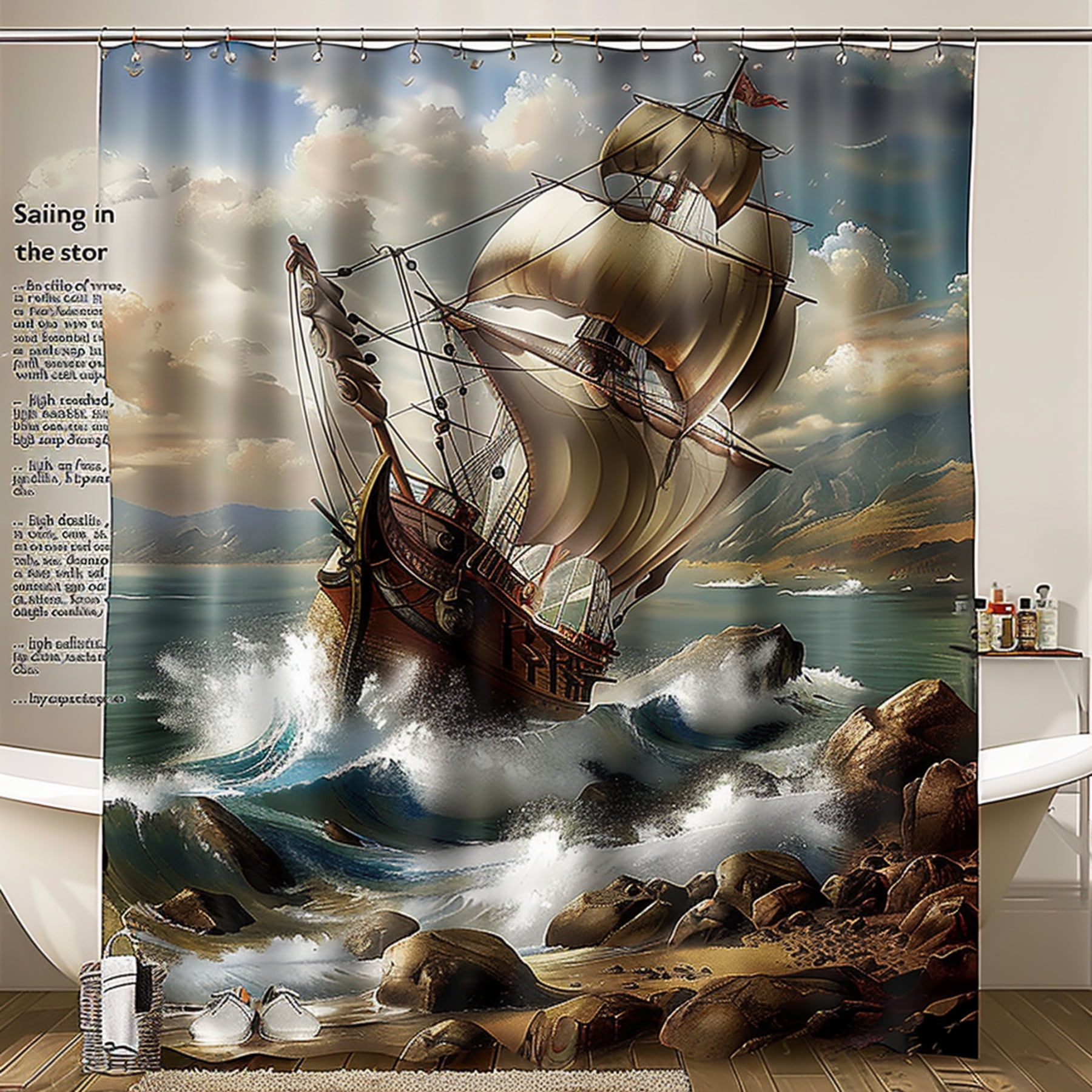 Stormy Seas Adventure Sailing Ship Shower Curtain Hyper Realistic