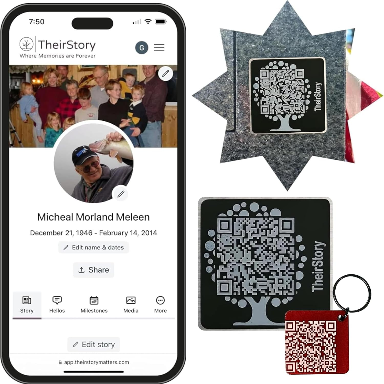 Their Story Gravestone Tags - Scannable QR Code - QR Code Keychain ...