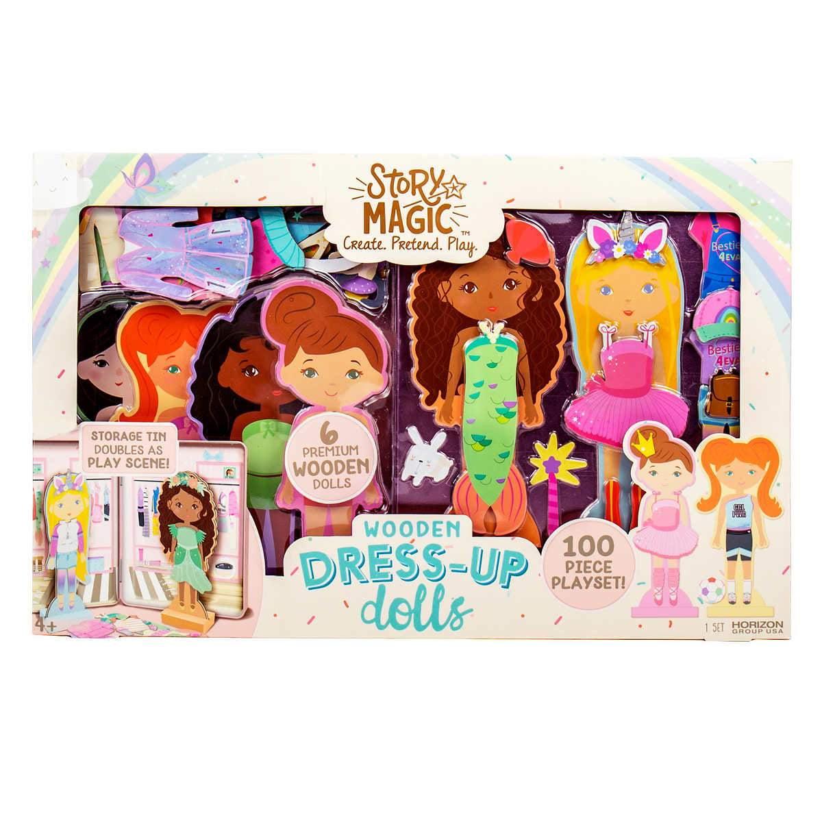 Story Magic 6 Wooden Dress-up Dolls and Stands with Tin – 3+ Years ...