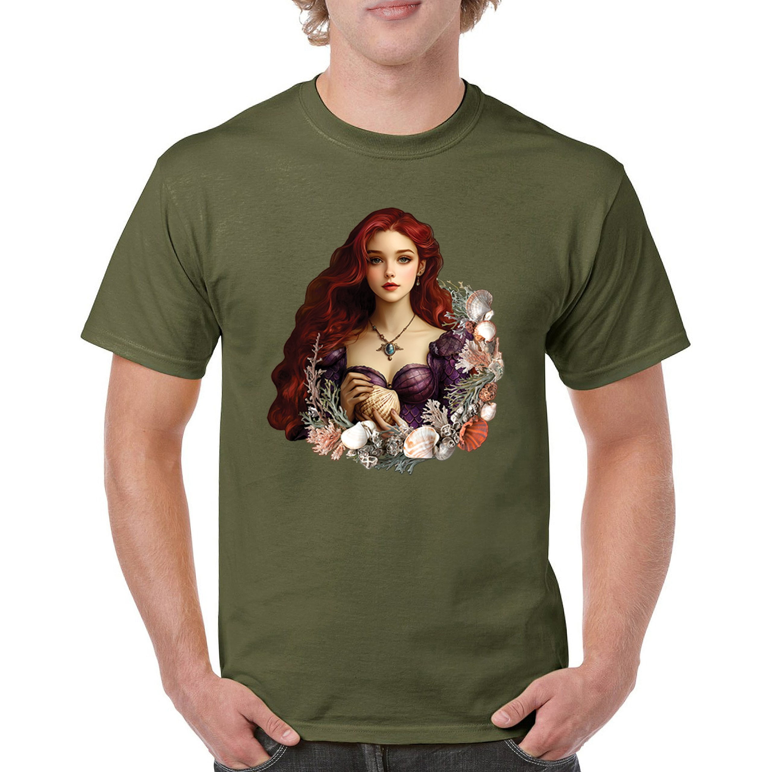 Storybook Mermaid T-shirt Seashell Red-Haired Princess Fantasy Ocean Fairytale Mystical Vintage ...