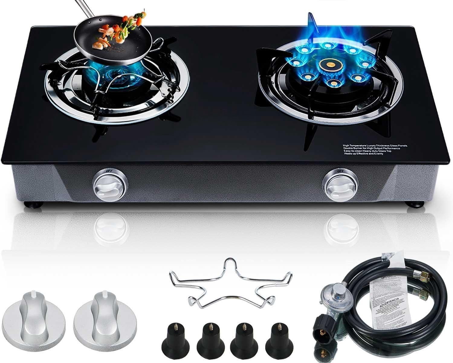 Stove 2 Burner Gas Stove Novel 9 Copper Burners Tempered Glass with LPG ...