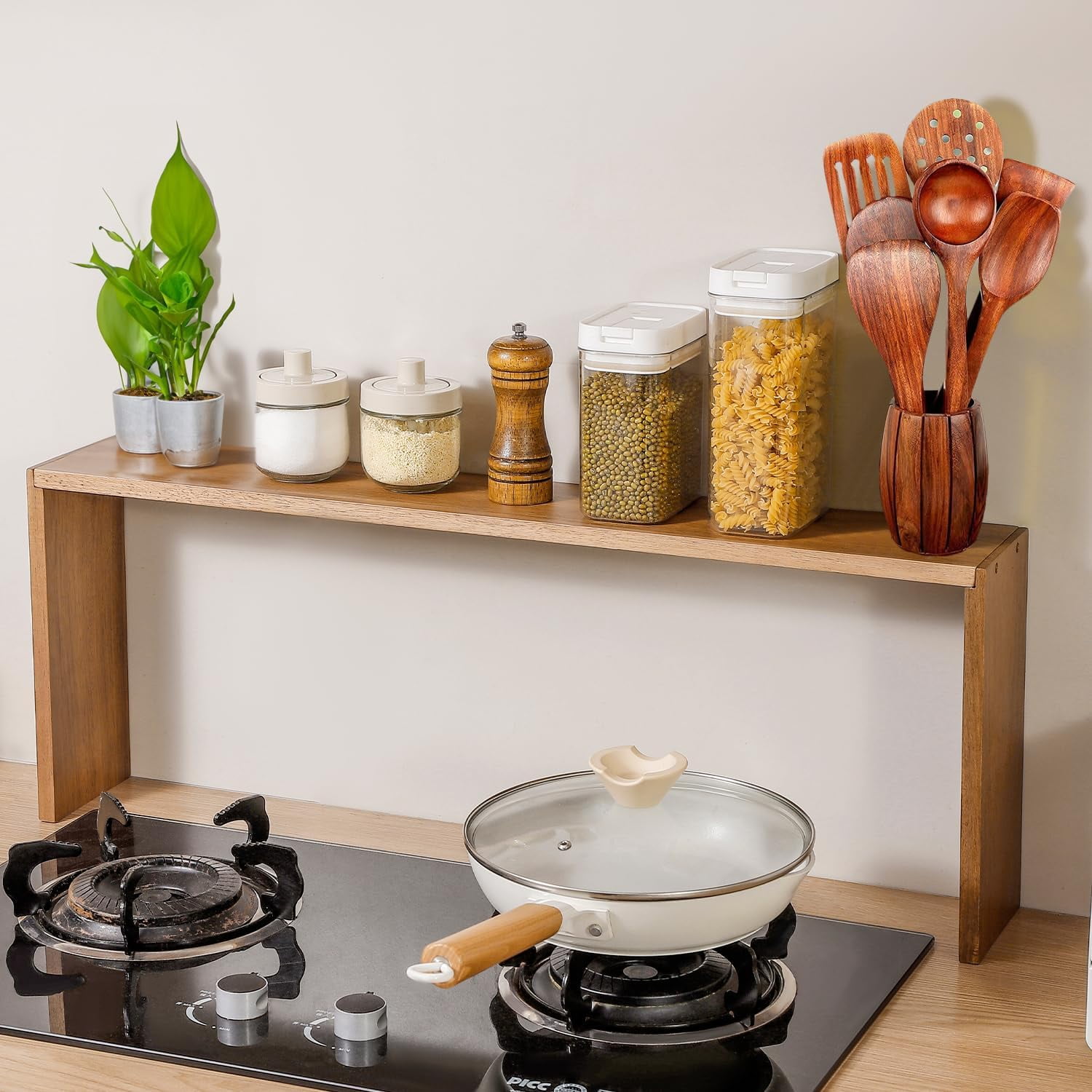 Over the Stove Shelf – 31 Inch Wide Dark Acacia Wood Stove Top Shelf ...