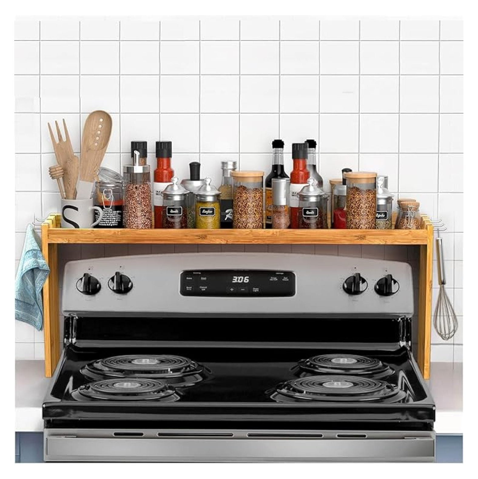 Stove Top Shelf Bamboo, 32.5" Over Stove Spice Rack Organizer, Kitchen ...