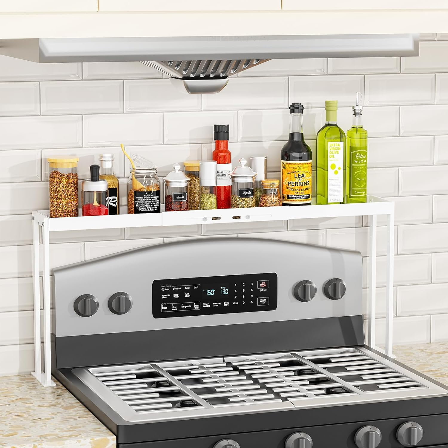 Stove Top Shelf for Curved Stove, Expand 27 to 33 Inch Spice Rack, 4 ...