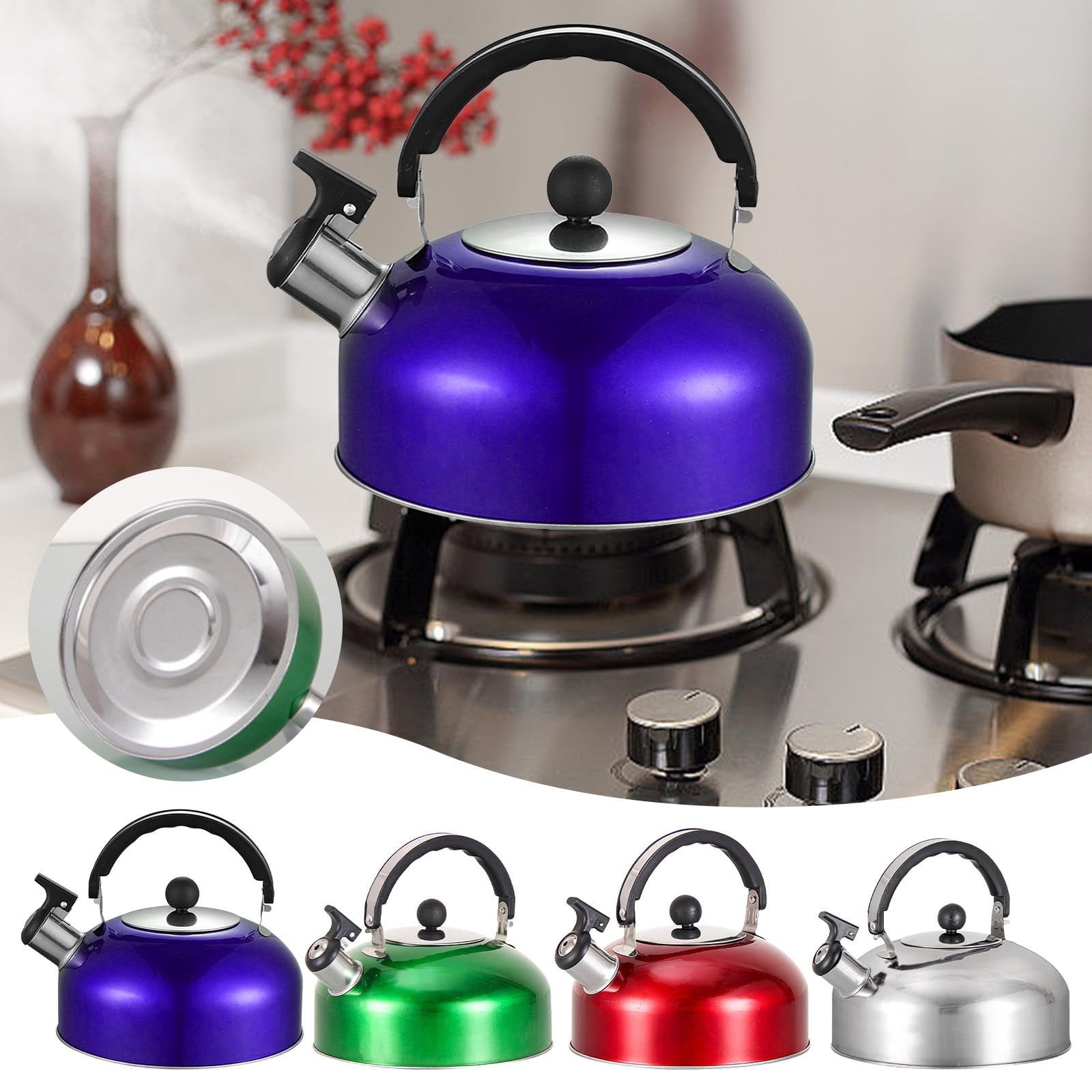Stovetop Whistling Tea Kettle Stainless Steel Red Compact Teapot With ...