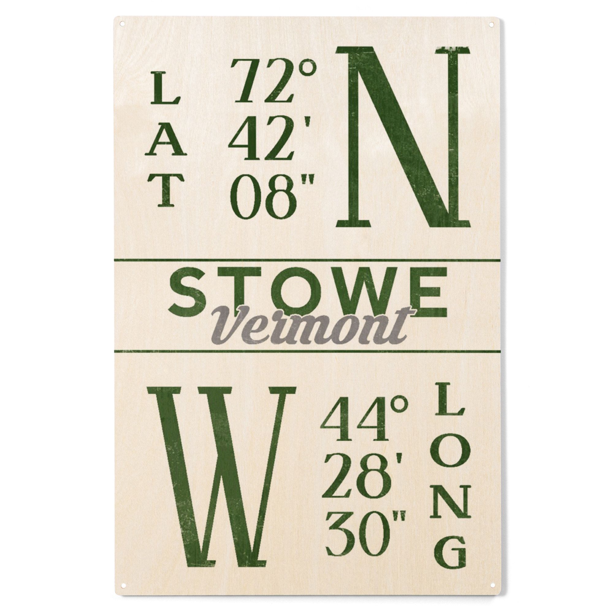 Stowe, Vermont, Latitude and Longitude (Green) Birch Wood Wall Sign ...